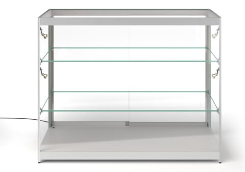 Displays2go Retail Display Counter with Lighting, Locking, Tempered Glass Shelves, Aluminum Frame – Clear, Silver (JBQCT48LED)