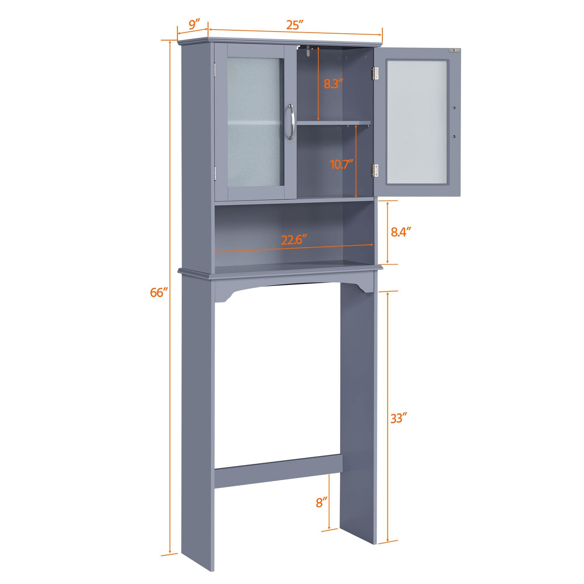 Yaheetech Over The Toilet Storage Cabinet, Free Standing Toilet Rack with Adjustable Shelves and Tempered Glass Doors for Bathroom Washroom, Grey