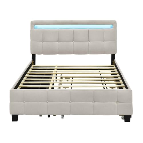 ATY Upholstered Queen Size Bed with Twin-XL Trundle and Two Drawers, Linen Fabric Platform Bedframe w/Lighting& Button Tufted Headboard, Save Space, 86.6" L X 64.6" W X 43.7" H, Beige