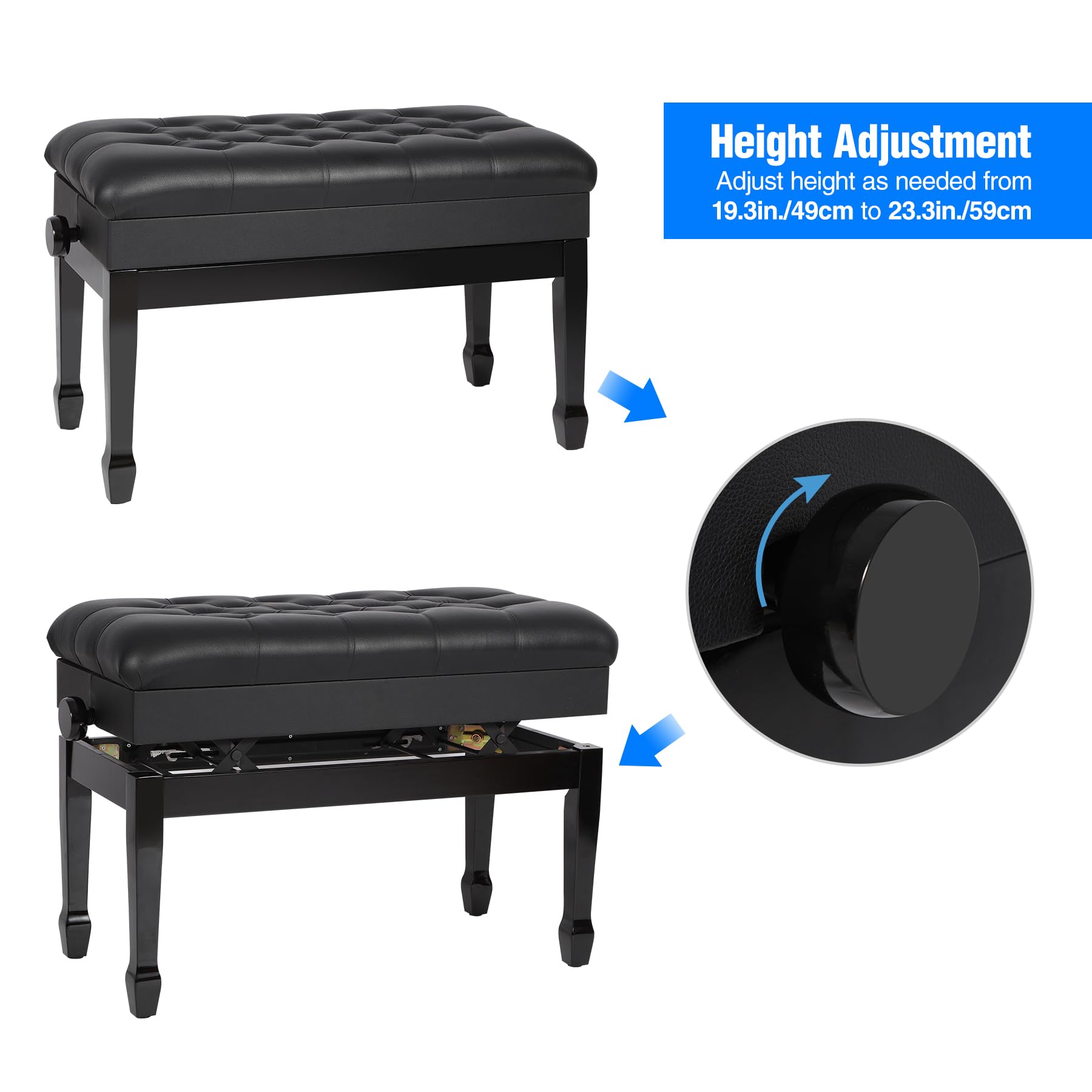 AKVOMBI Adjustable Duet Piano Bench with Storage, Heavy Duty Double Piano Benches with Leather Cushion, Black Piano Bench for Adults, 13.8" D x 31.5" W x 19.3" H