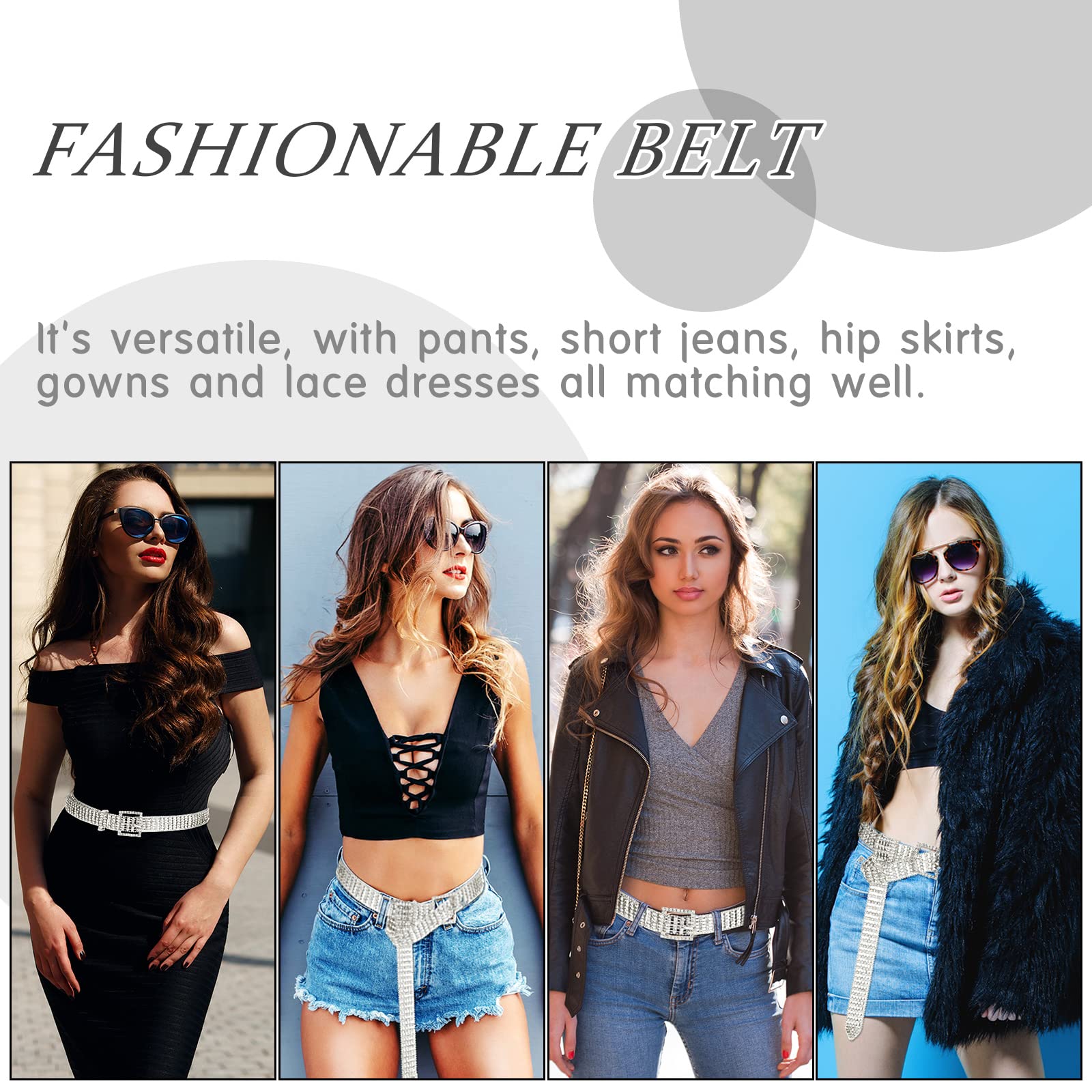 Geyoga 2 Pieces 5-8 Rows Women Rhinestone Belts Shiny Waist Belts Bling Glitter Chain Waistband for Jeans Dresses Pants (Silver)