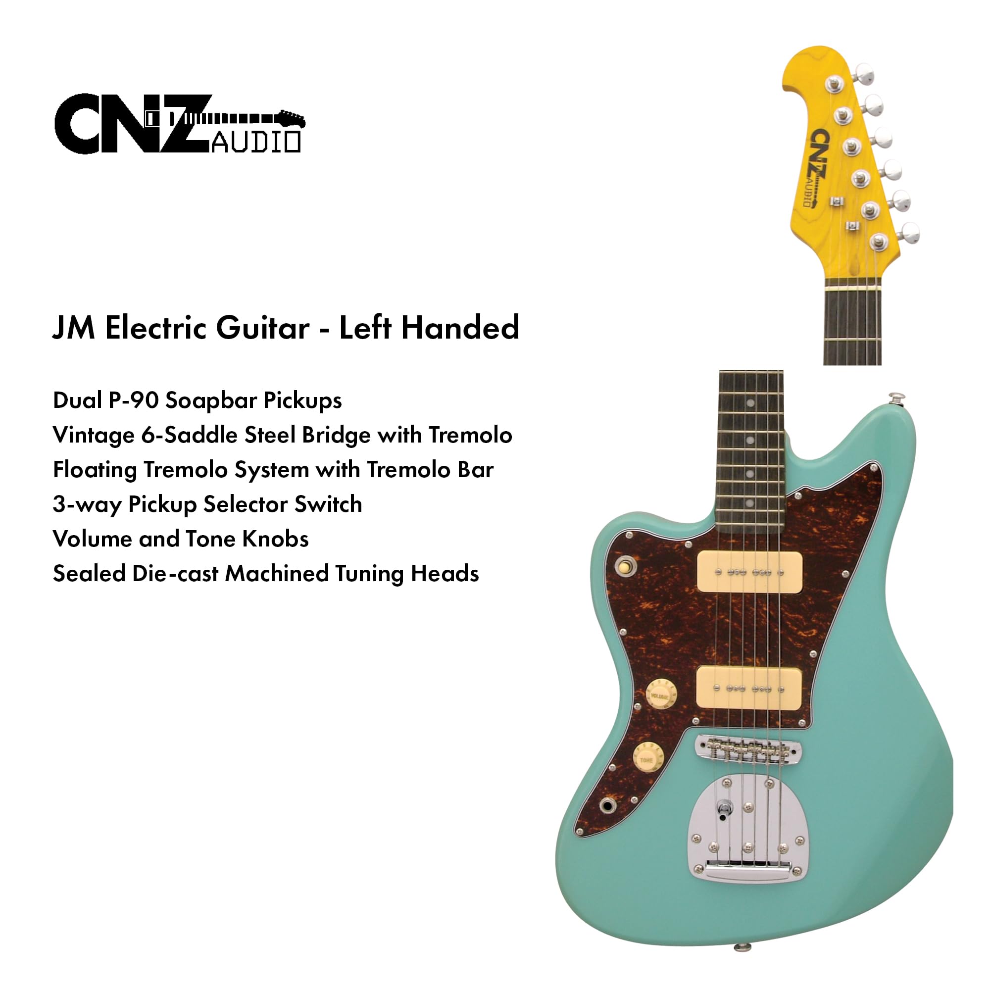 CNZ Audio JM Electric Guitar - Left Handed - Transparent Midnight Blue, Amber Maple Neck, Rosewood Fingerboard, Ivory Pickups & 3ply Tortoise Pickguard