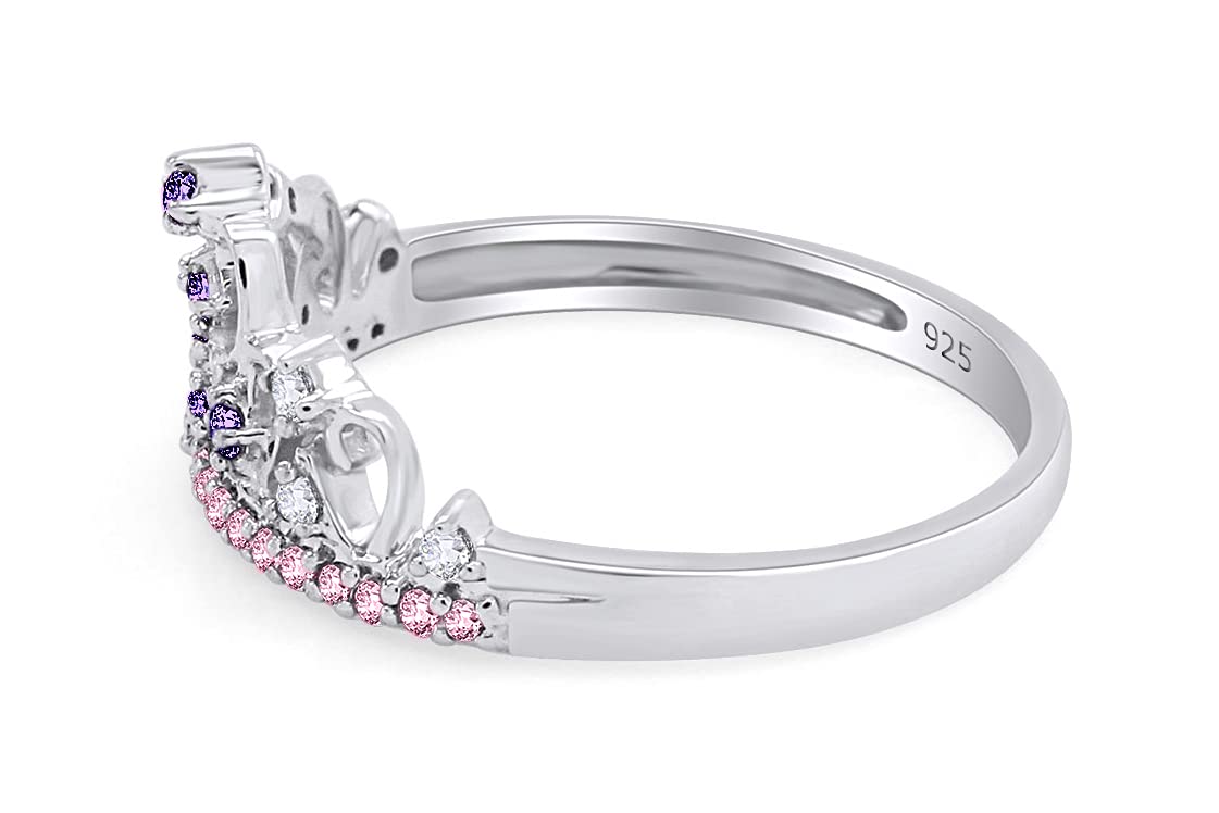 AFFY Round Cut Simulated Multi Stone Rapunzel Princess Style Engagement Wedding Crown Ring in 14k White Gold Over Sterling Silver with Ring Size 8