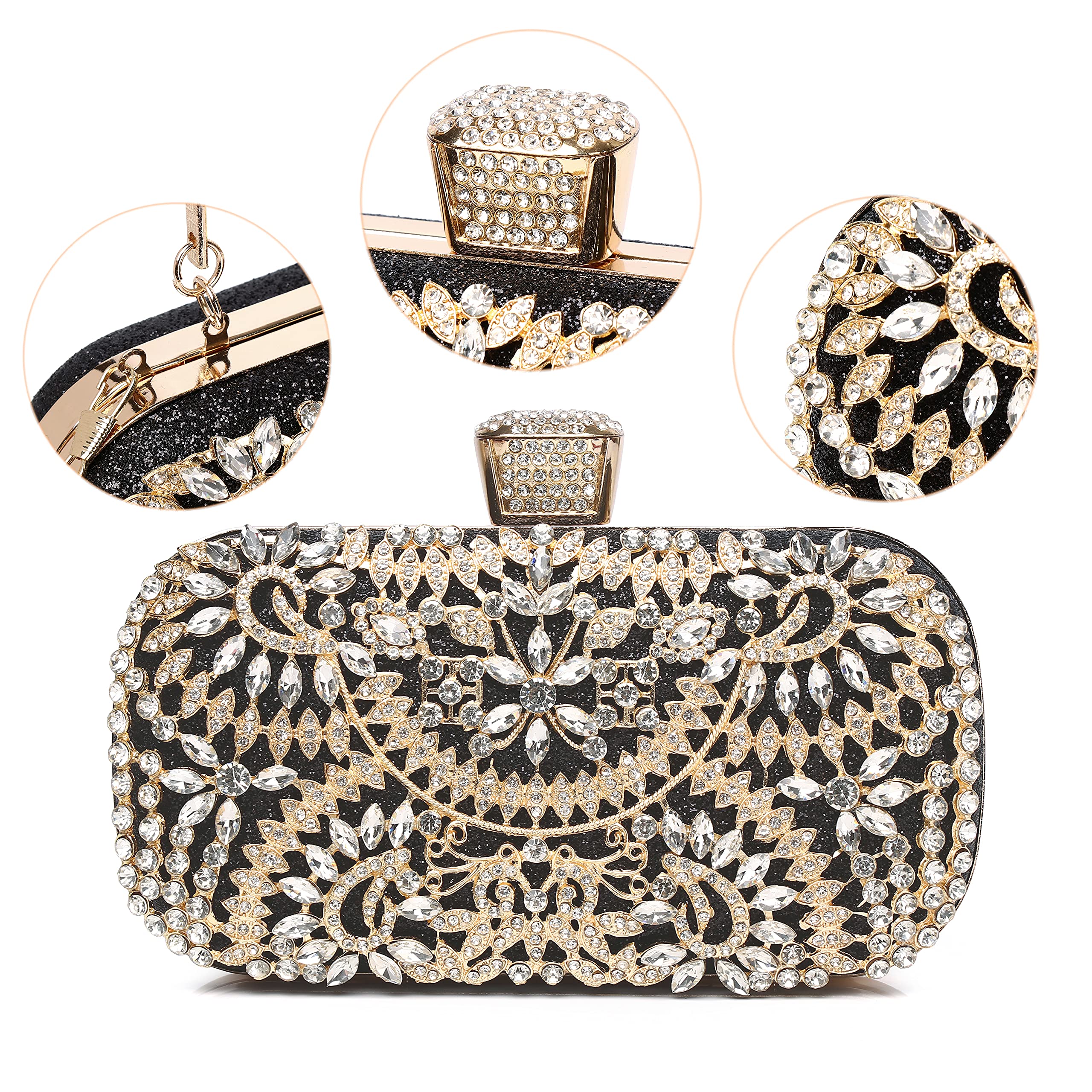 FIVE FLOWER Evening Clutch Bags Purse Handbag for Women Wedding Prom Party (BLACK), Medium