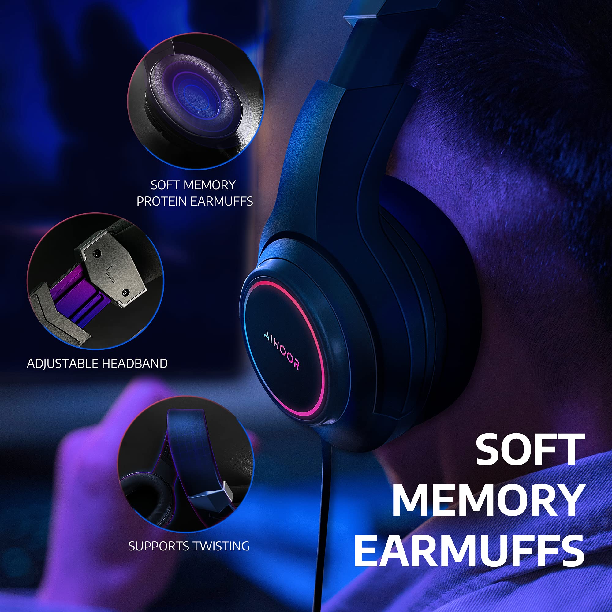 AIHOOR Gaming Headset with Virtual 7.1 Surround Sound,Over Ear Headphones,Noise Cancelling Microphone,Ultra-Low Latency Games & LED Light Soft Memory Protein Earmuffs for PC Mac Computer Games- Black