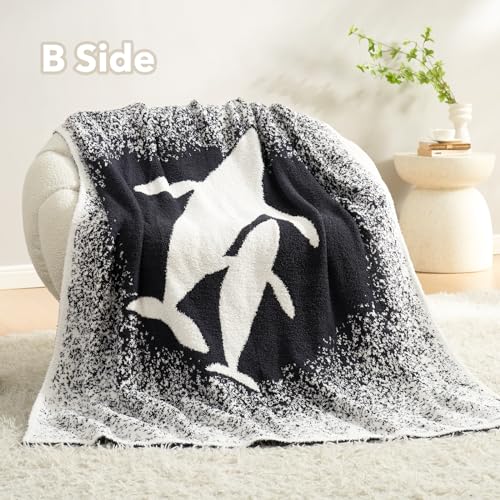 Snuggle Sac Whale Knitted Throw Blanket, Super Soft Reversible Fluffy Shark Plush Blankets, Luxurious Microfiber Whale Blanket Throw for Couch, Bed, Gift for Kids & Parents, Black, 50x60 inches