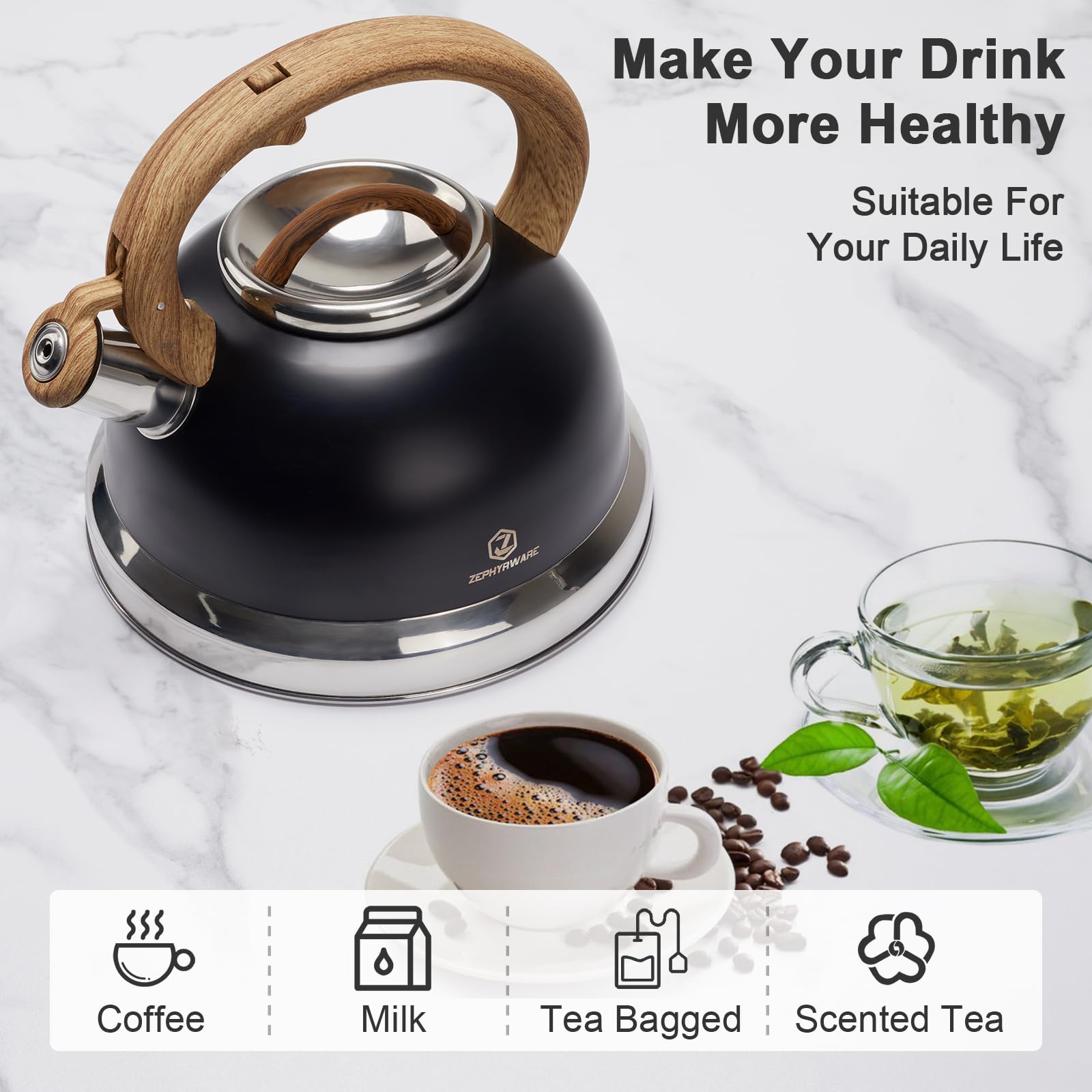Tinlon Enamel Tea Kettle, 3.1 Quart Whistling Tea Pot for Stove Top, Food Grade 304Stainless Steel Teapot with Wood Pattern Handle for Coffee, Tea, Milk etc