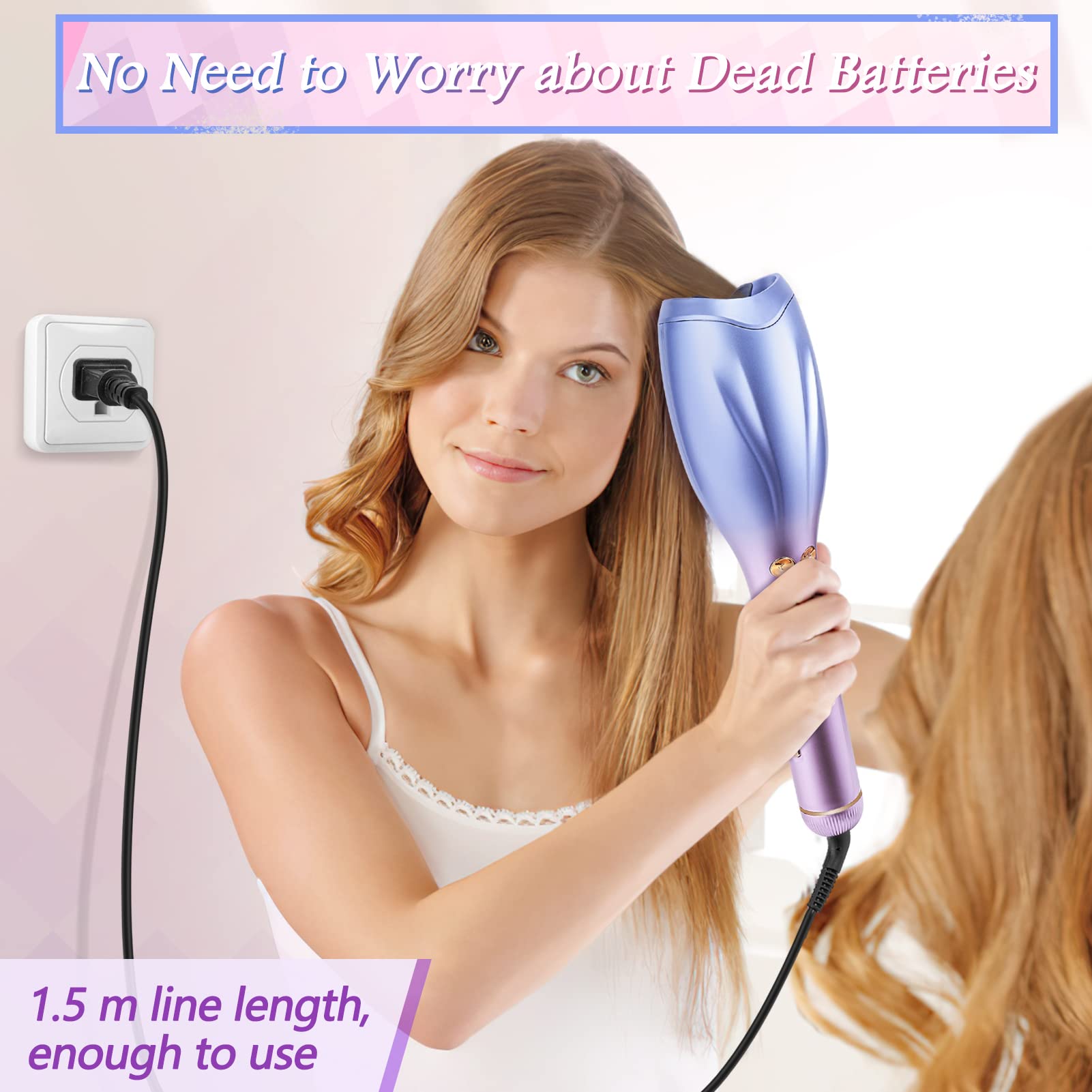 Augot Automatic Curling Iron, Portable Electric Curling Iron Hair Curling Wand with Adjustable Temperature and Timer, 30 Min Auto Shut-off, PTC Heating Automatic Hair Curler for Long Hair Styling Tool