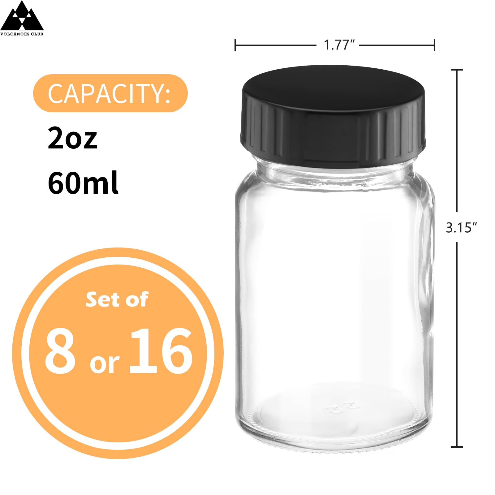 VOLCANOES CLUB 2oz Glass Jars with Lids - Glass Shot Bottles Set for Liquids, Juicing, Ginger Shot, Sample - Small Containers with Screw Caps - Clear Mini Round Bottles - Leakproof/Wide Mouth - 8 pack