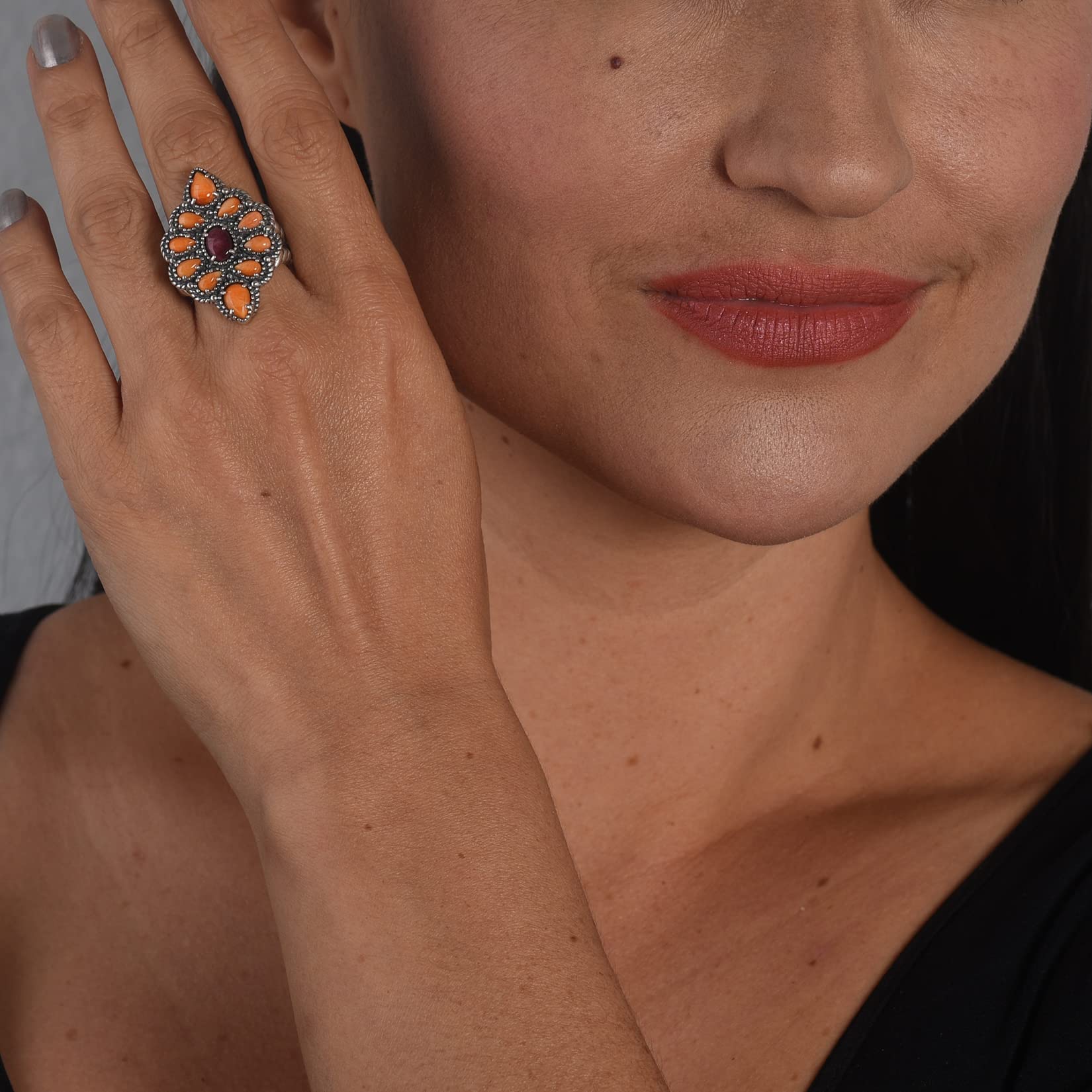 American West Sterlng Silver Women's Ring Shades of Spiny Oyster Gemstone Cluster Design Size 10