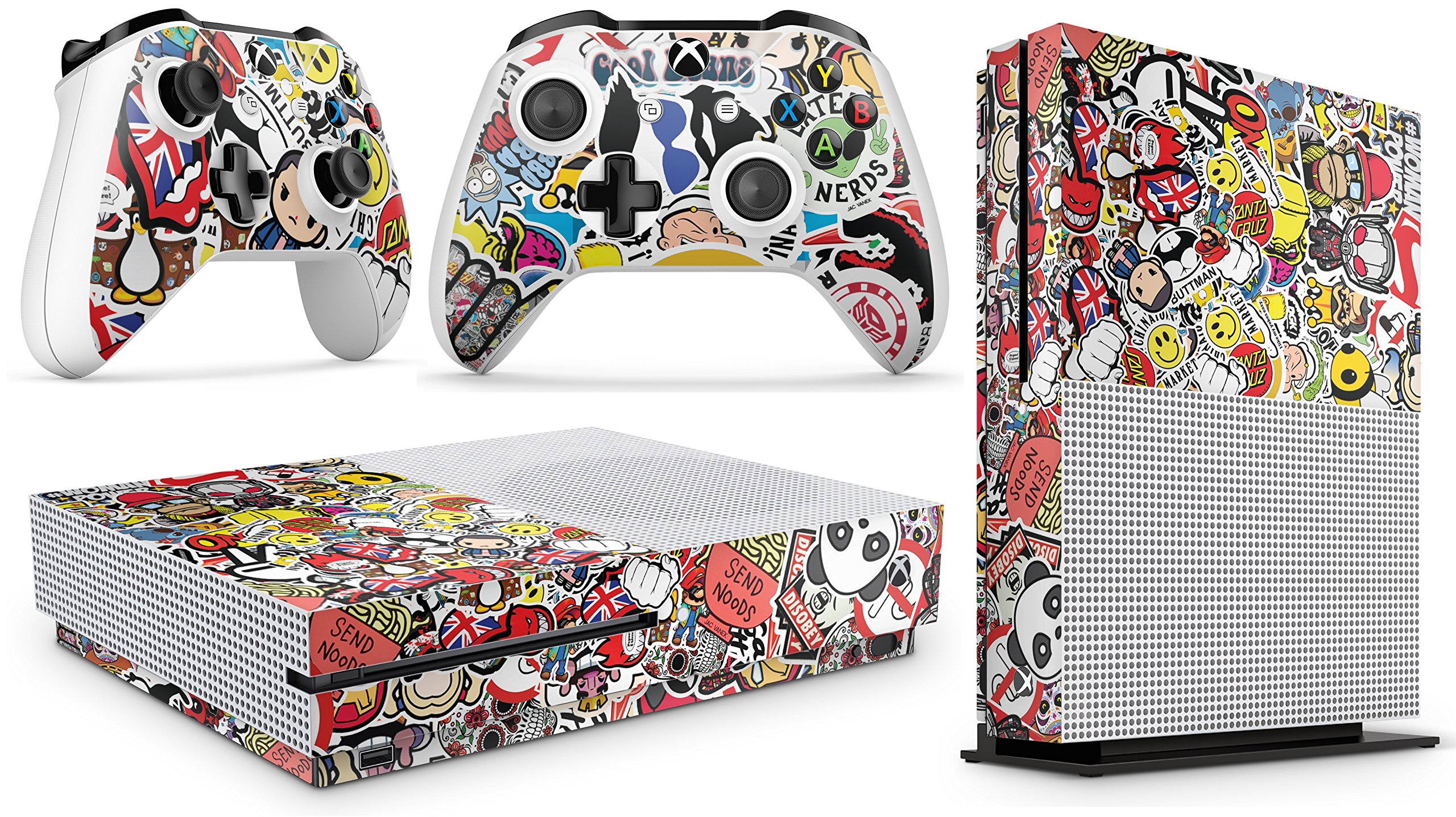 GNG Stickerbomb Skin Decal Sticker Compatible with Xbox One S Console + 2 Controller Skins