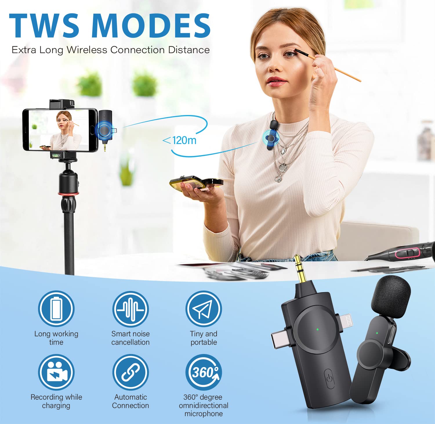 AIKELA Wireless Microphone for iPhone/Android/Camera/PC, Mini Wireless Lavalier Lapel Mic for Recording YouTube Facebook TikTok, Vlog, Interview Video, Live Stream,Plug-Play, and Noise Reduction