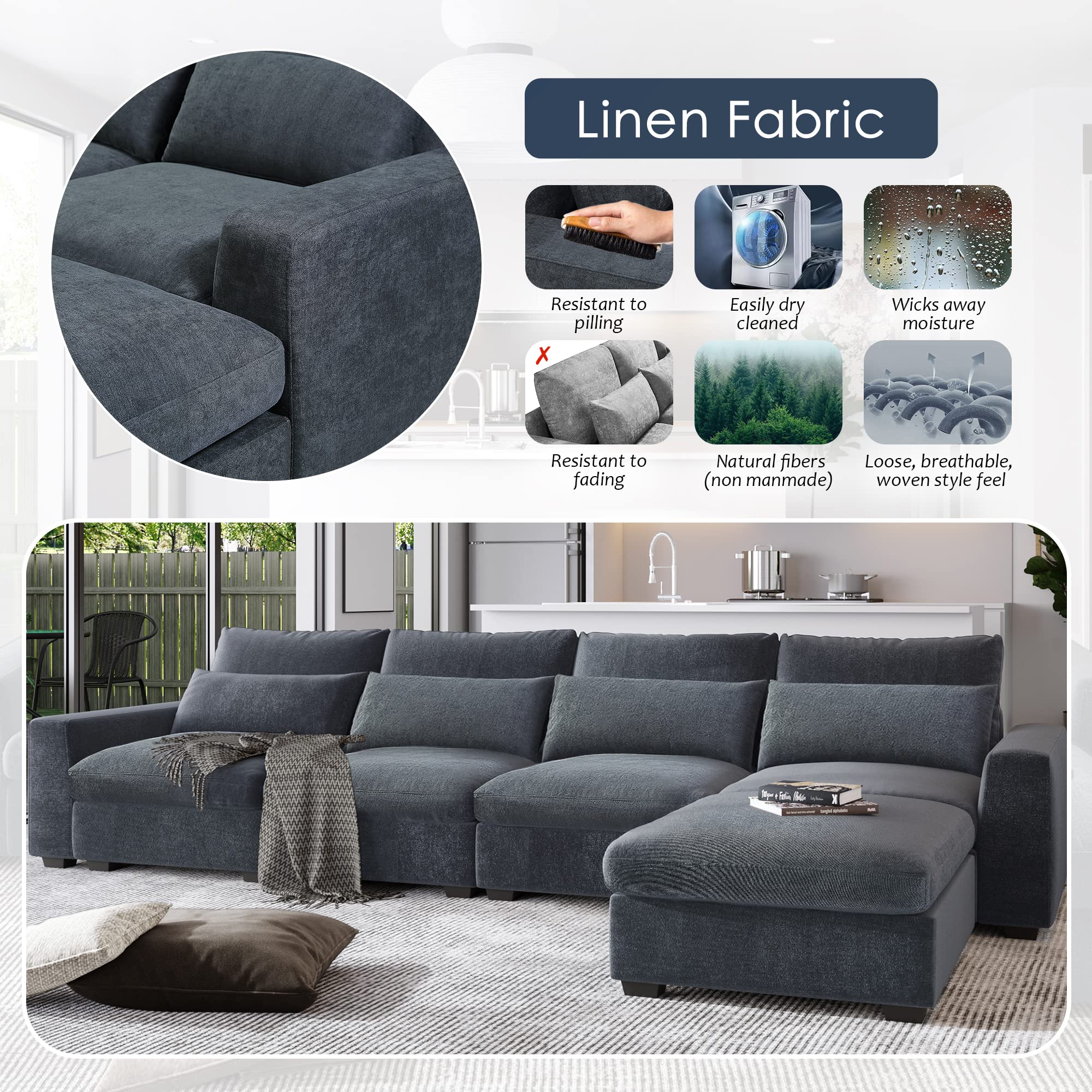 KEVINSPACE 129.9" L-Shaped Sofa Modern 3 Seat Upholstered Couch Reversible Sectional Sofa with Removable Ottomans Solid Wood Legs and Waist Pillows for Living Room, Bedroom, Dark Gray