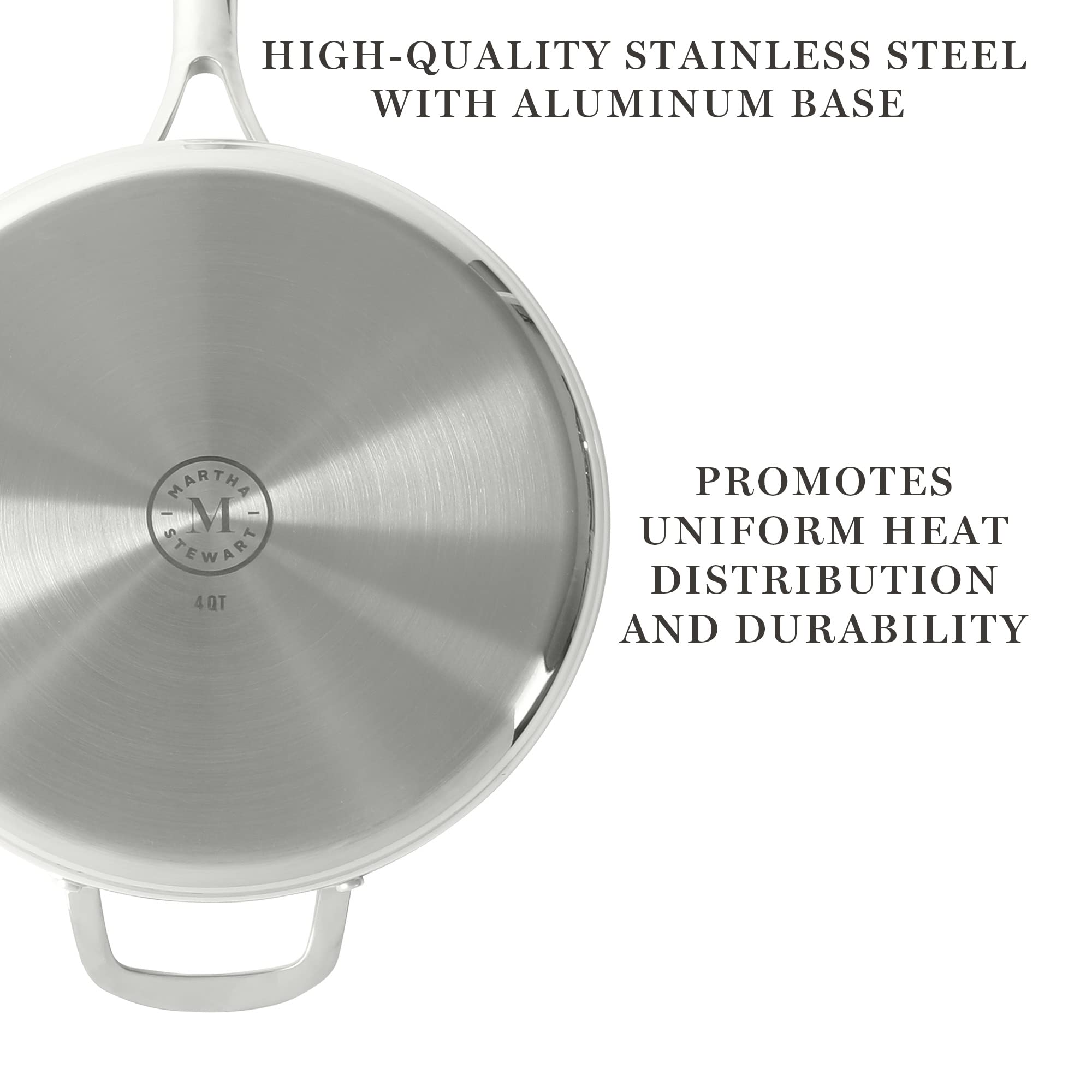 Martha Stewart Delaroux Stainless Steel 4-Quart PFAs Free Premium Ceramic Nonstick Saute Pan w/Tempered Glass Lid