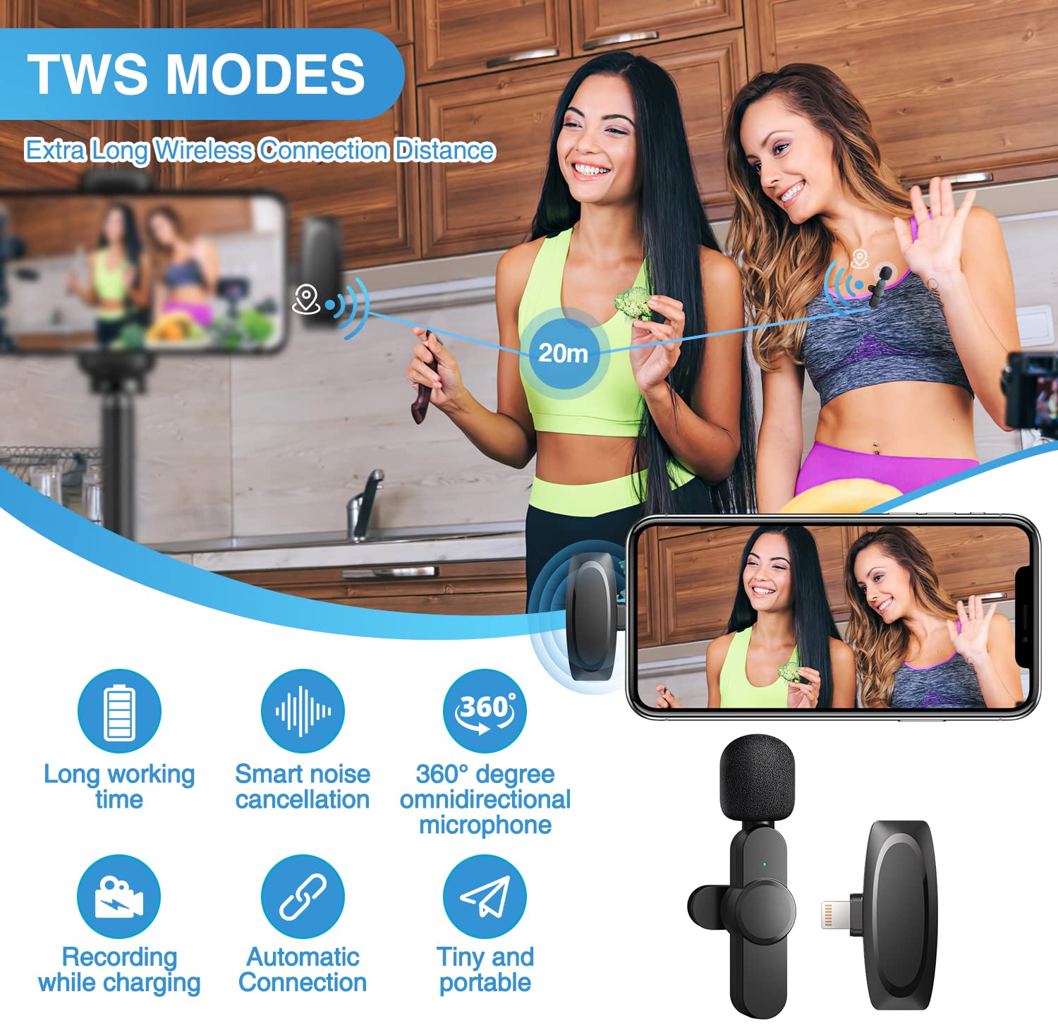 AIKELA Wireless Lavalier Microphone for iPhone iPad, Wireless Microphone 2.4G Ultra-Low Delay Plug-Play Built-in Noise Reduction Chip for Recording,Live Stream,Vlog,YouTube,Facebook,TikTok