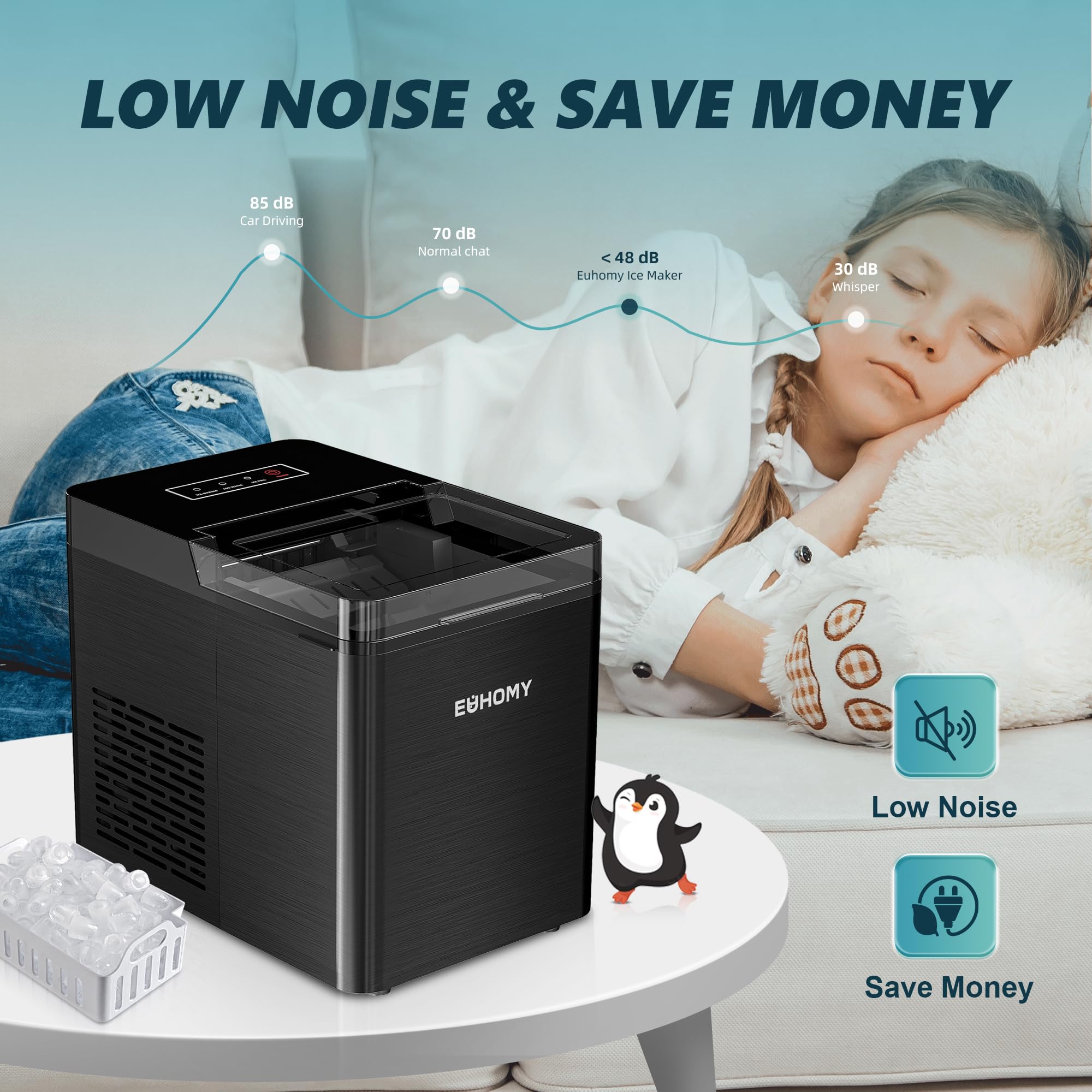 EUHOMY 34Lbs/24h Countertop Ice Maker Machine - Fully Flip Cover Cleaning, 2 Sizes Ice, 7 Mins 9 Bullet Ice, Portable Ice Maker with Basket and Scoop for Home/Kitchen/Office/Party. (Stainless)