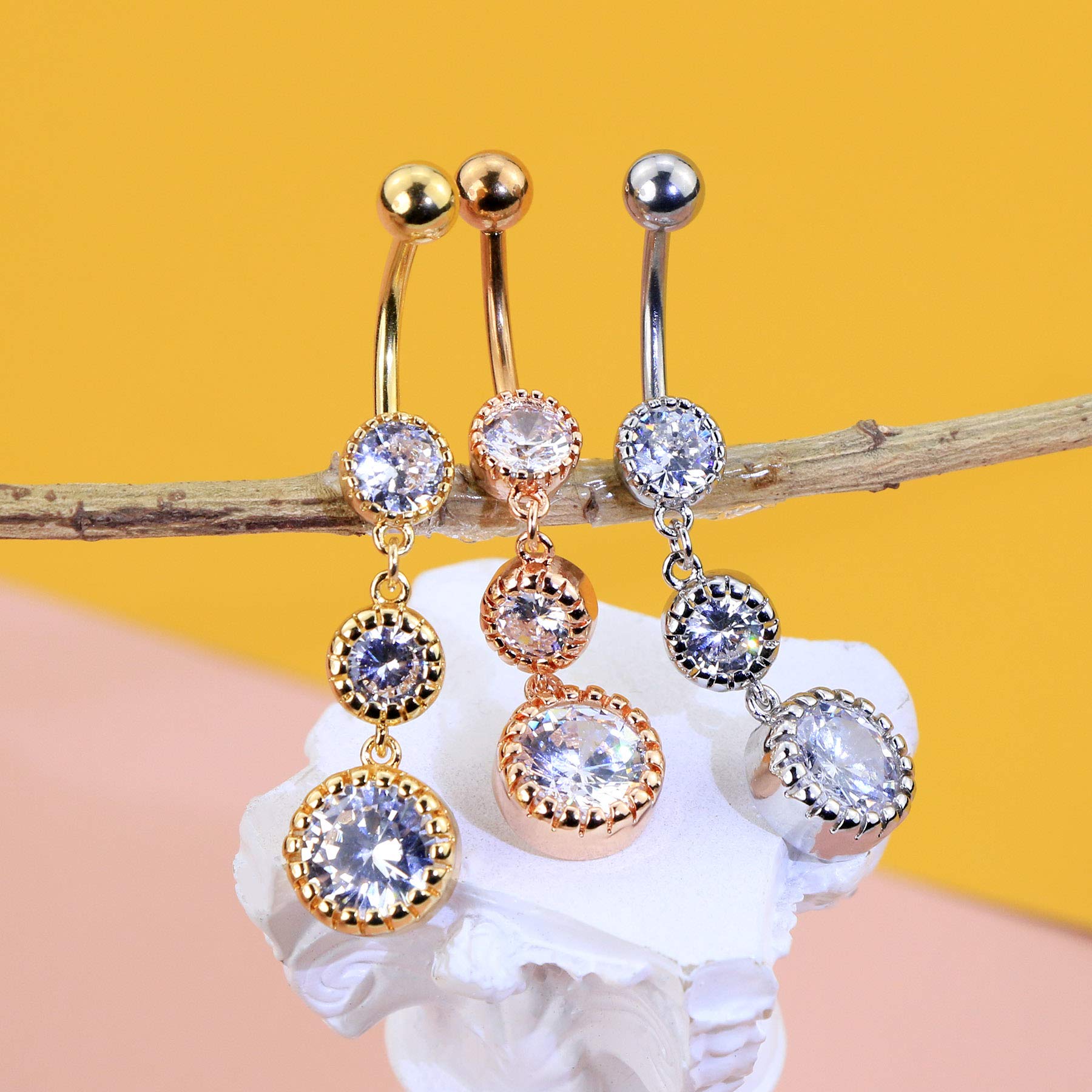 COCHARM Gold Dangling Belly Button Rings 14g Stainless Steel Belly Piercing Long CZ Dangly Navel Rings for Women Dangle Belly Bar