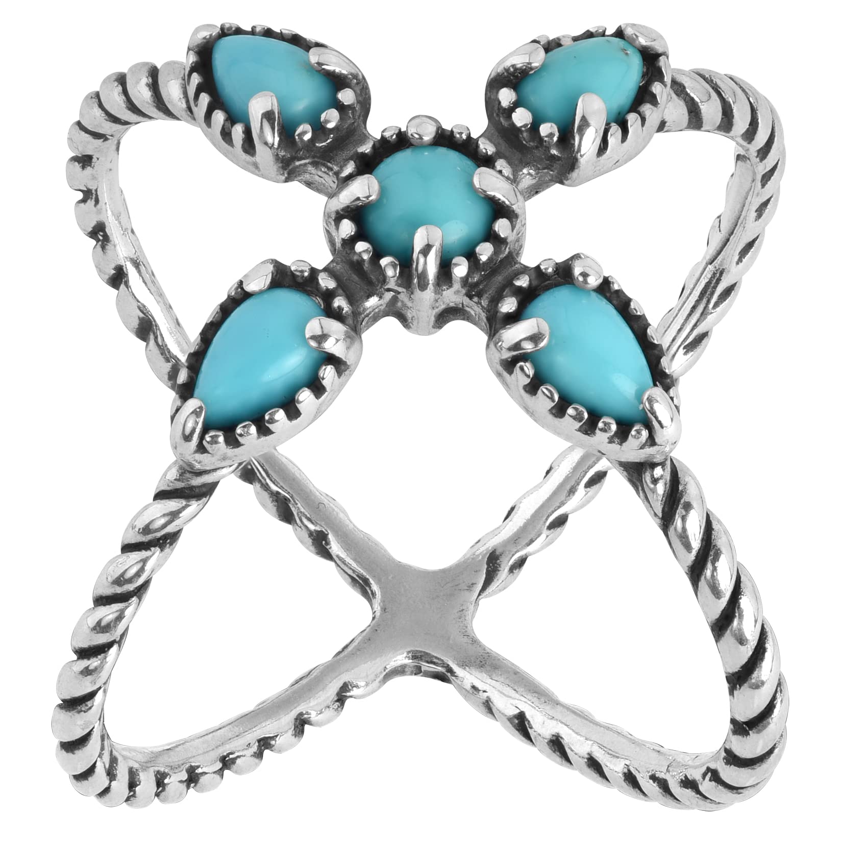 American West Sterling Silver Women's Ring Blue Turquoise Gemstone Crossover Size 8