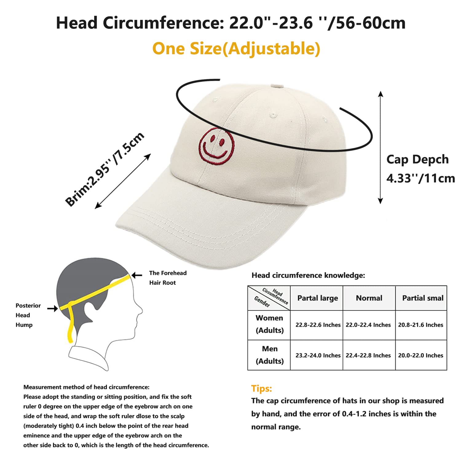 AJG Smiley Face Baseball Cap Men Women Cotton Adjustable Dad Hat Classic Casual Outdoor Unisex Trucker Hat (2Pack-Black&Yellow)
