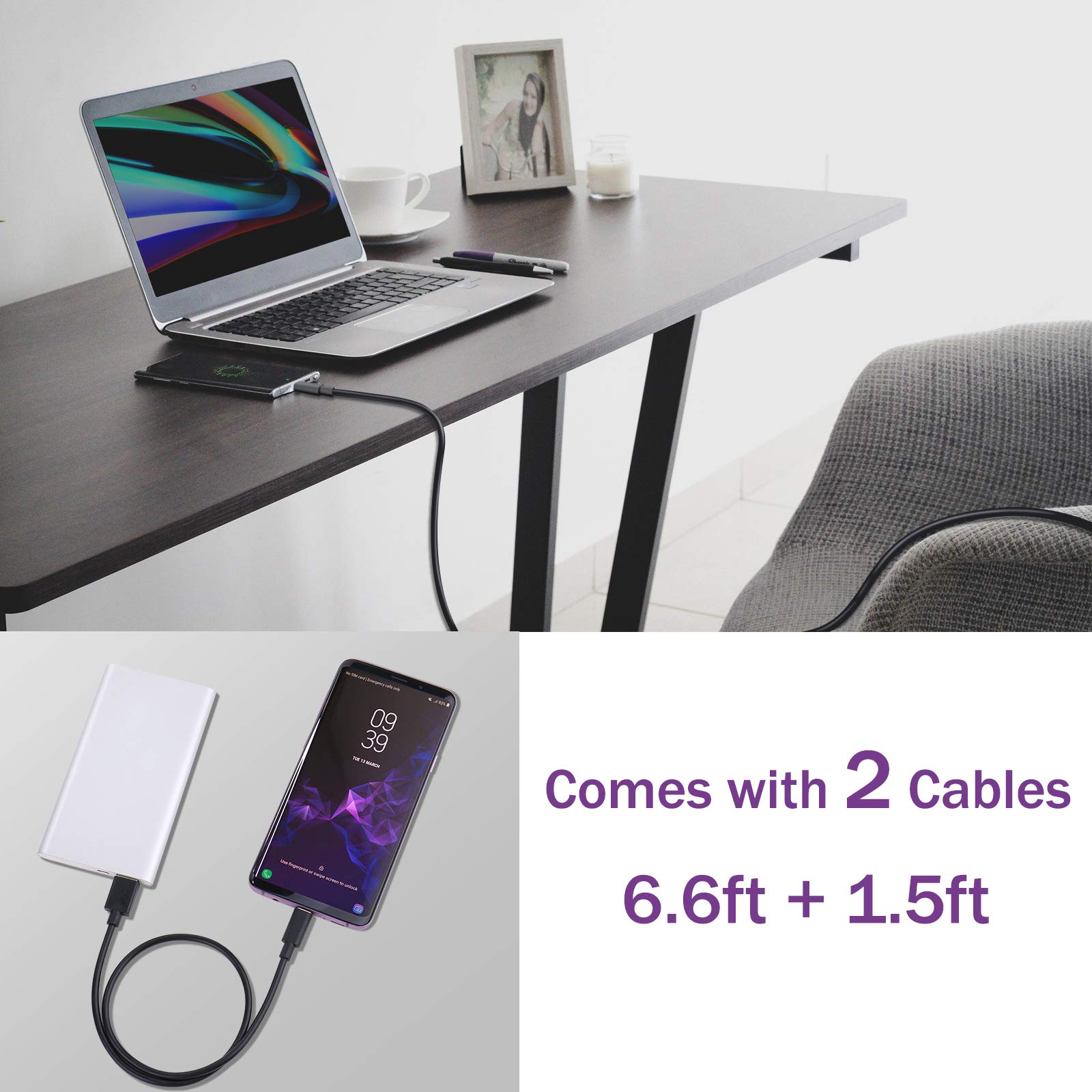 Adaptive Fast Charger Kit with USB C Cable【6.6Ft+1.5Ft】, Excgood Fast Charging Block Type C Charger Compatible with Samsung Galaxy S8/9+/10e,Note 8/9, G5/6 V20/30-Black