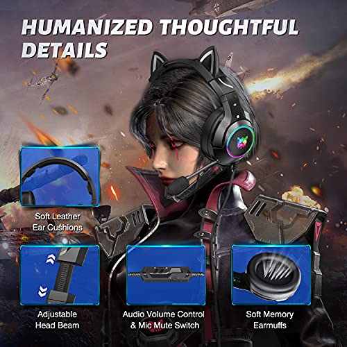 AJIJAR Gaming Headset with Removable Cat Ears, Compatible with PC PS4 PS5 Xbox One(Adapter Not Included) Mobile Phones, with Surround Sound, RGB Backlight & Noise Canceling Retractable Microphone