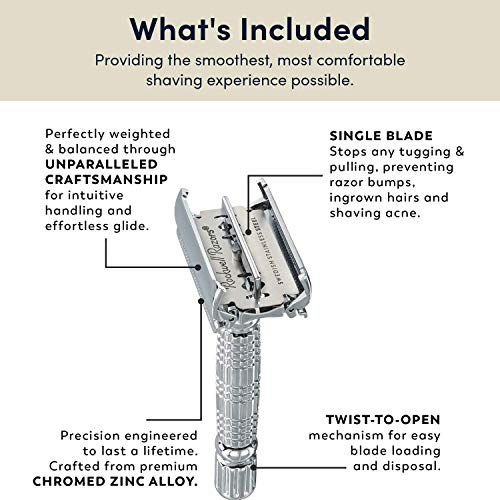 ROCKWELL RAZORS R1 Safety Razor in White Chrome Finish, Butterfly Open Mechanism with 5 Double Edge Blades