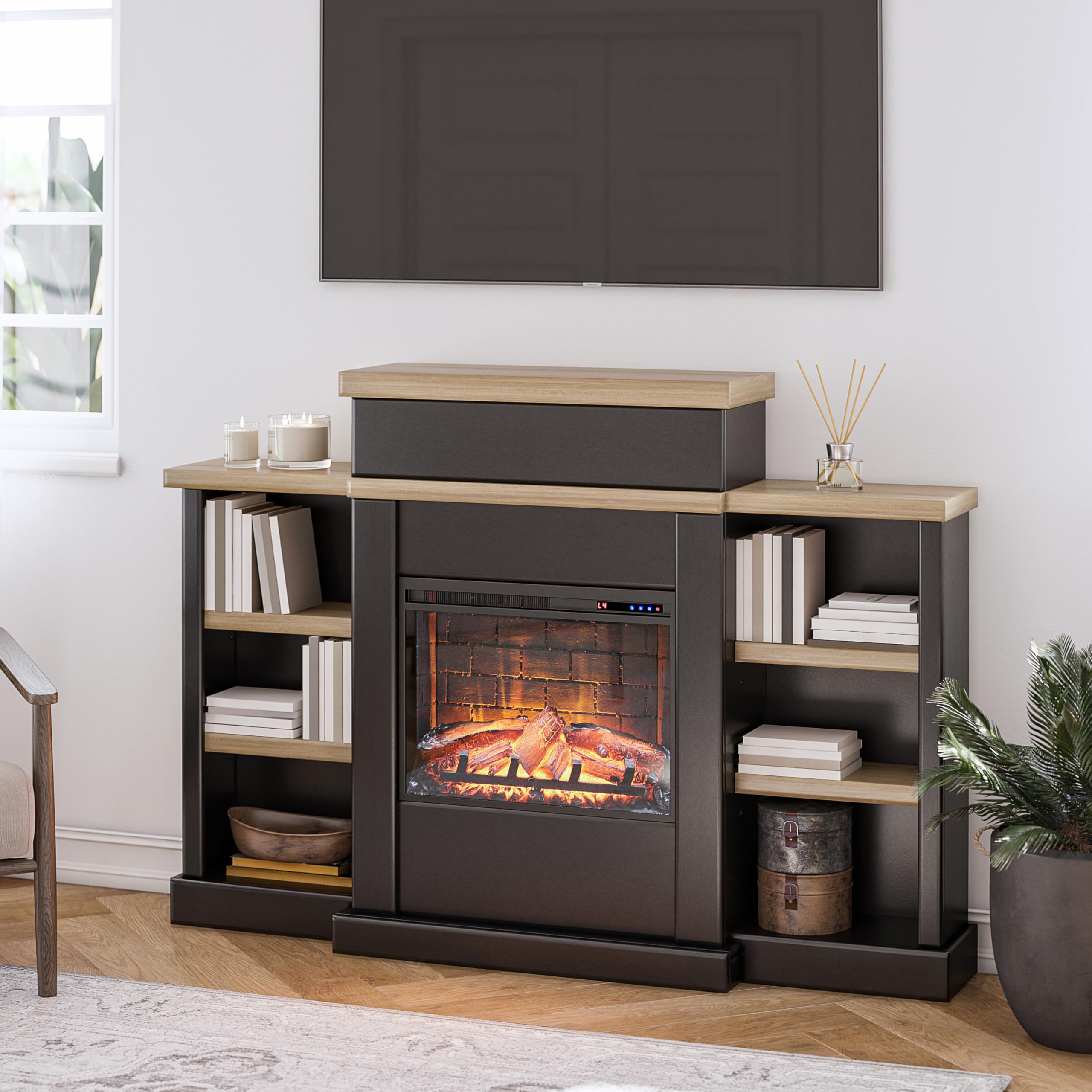 Ameriwood Home Gateswood 64 Inch Electric Fireplace with Mantel, Replaceable Fireplace Insert Heater, Shelves, Remote Control, Timer, Realistic Log and Flame Effect, Black
