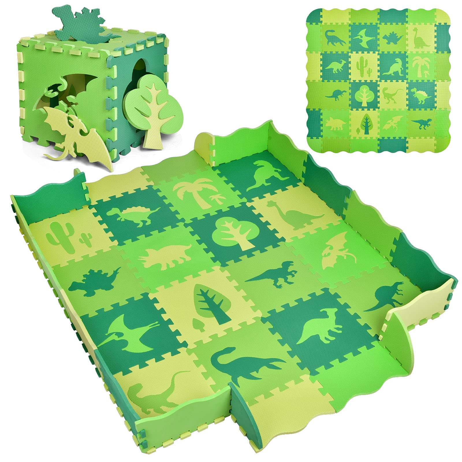 Dino Baby Foam Play Mat, 36 PCS Soft Thick Non-Toxic EVA Interlocking Foam Floor Tiles with Fence, Cute Dinosaur Crawling Puzzle Mat for Toddlers Activity Room Décor
