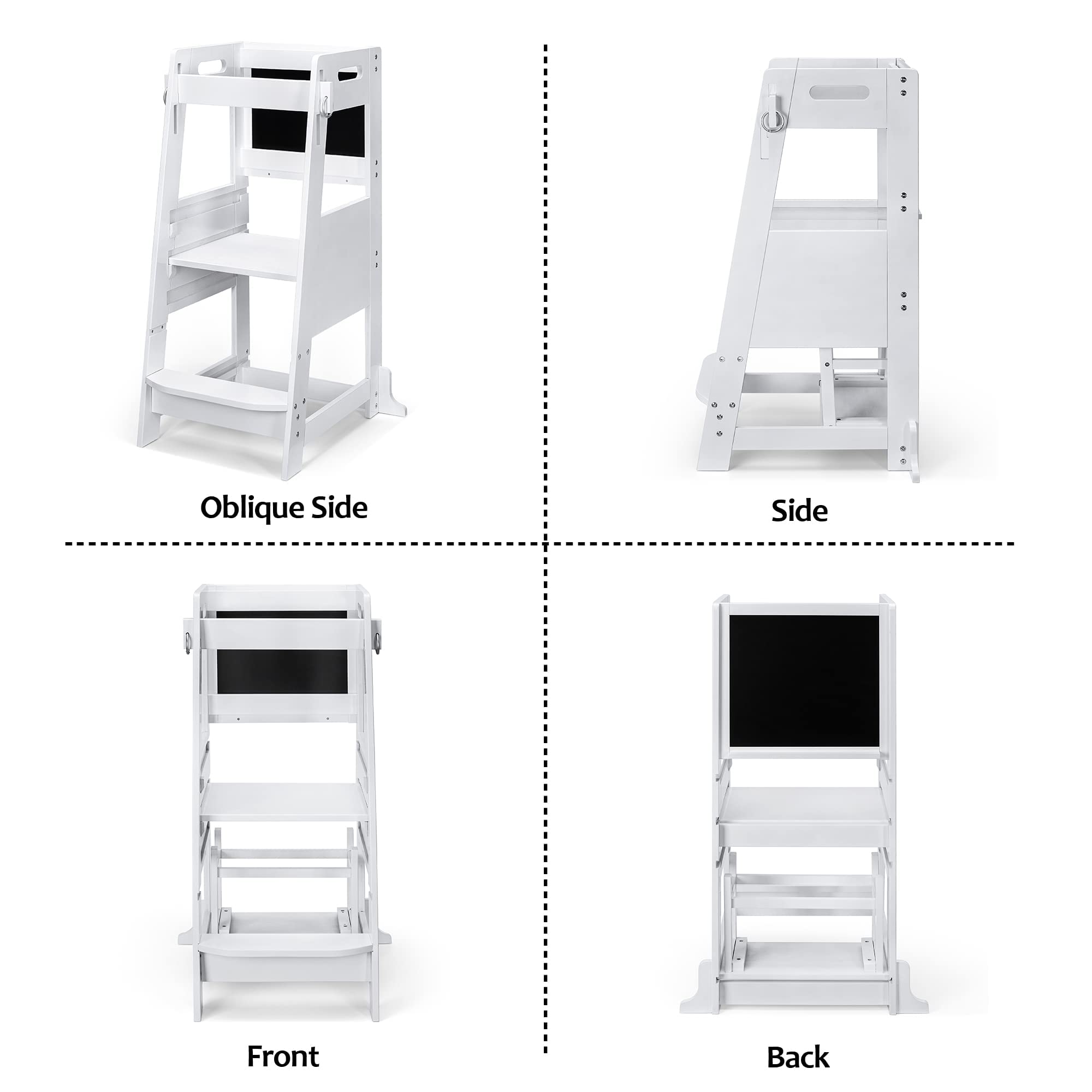 TOETOL Bamboo Toddler Step Stool White Kitchen Counter Learning Helper Standing Tower Ktchen Stool for Toddler 3 Height Adjustable with Chalkboard Message Boards, Small Step Stool, Non-Slip Mat