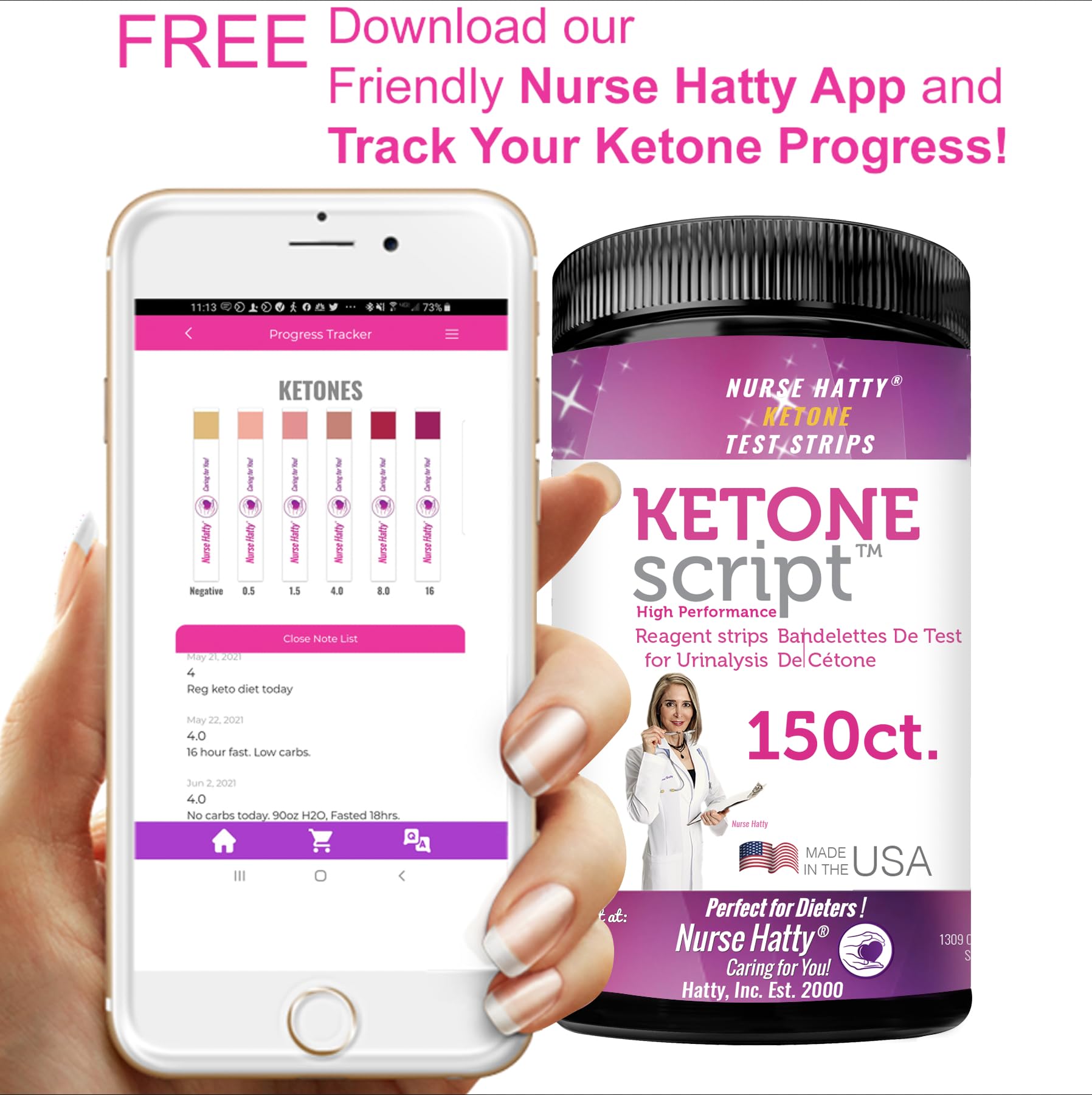 Nurse Hatty - 150 Ketone Test Strips w Built-in Color Chart – Free Keto Guide eBook & Free App - Made-in-The-USA - Urine Test for Ketogenic, Ketosis, Low Carb, Atkins & Paleo Diets - Extra Long Strips