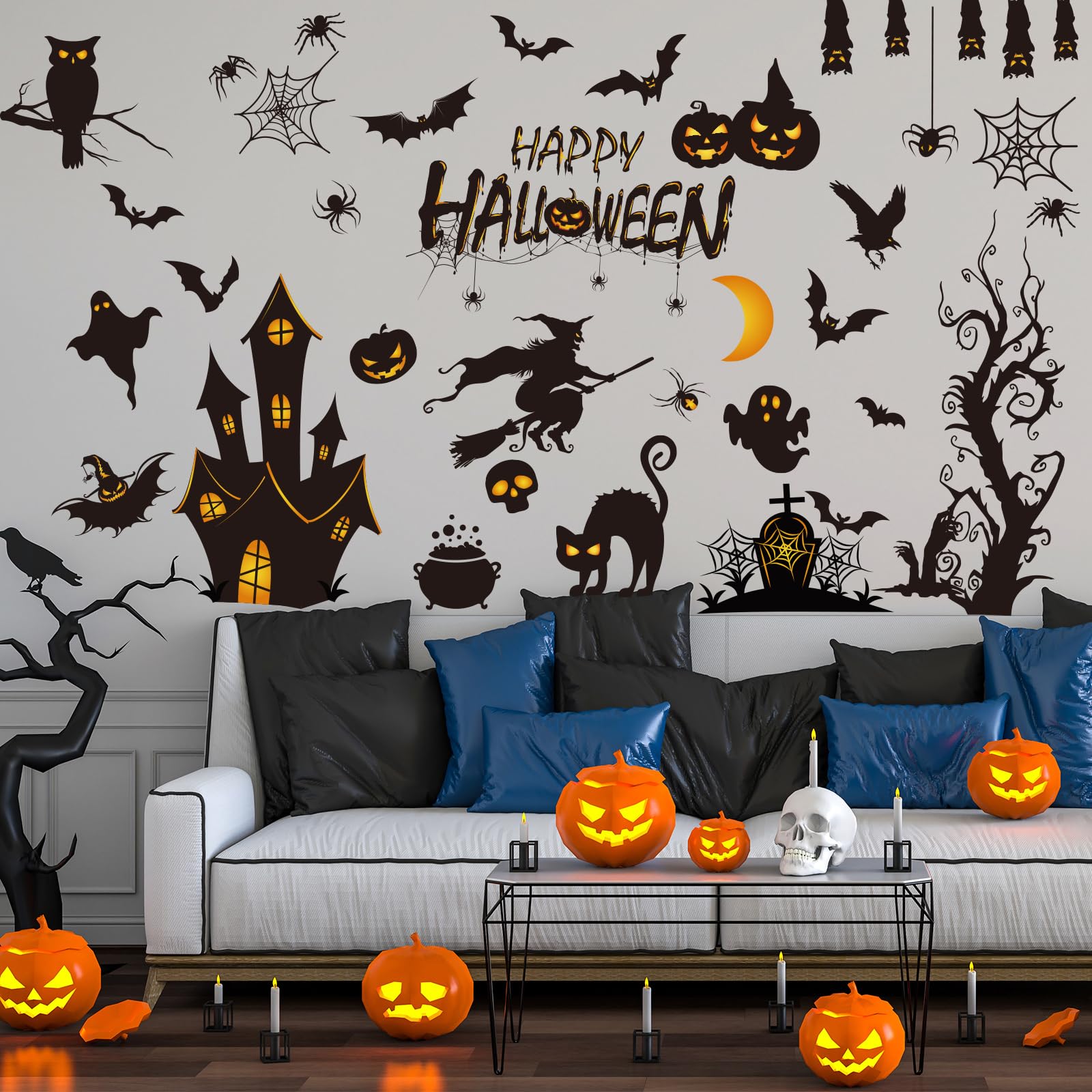 AnyDesign Halloween Wall Decals Bats Ancient Castle Wall Stickers Halloween Removable DIY Wall Art Stickers for Halloween Home Classroom Birthday Party Decoration, 11.8 x 13.8 Inch, 6 Sheets