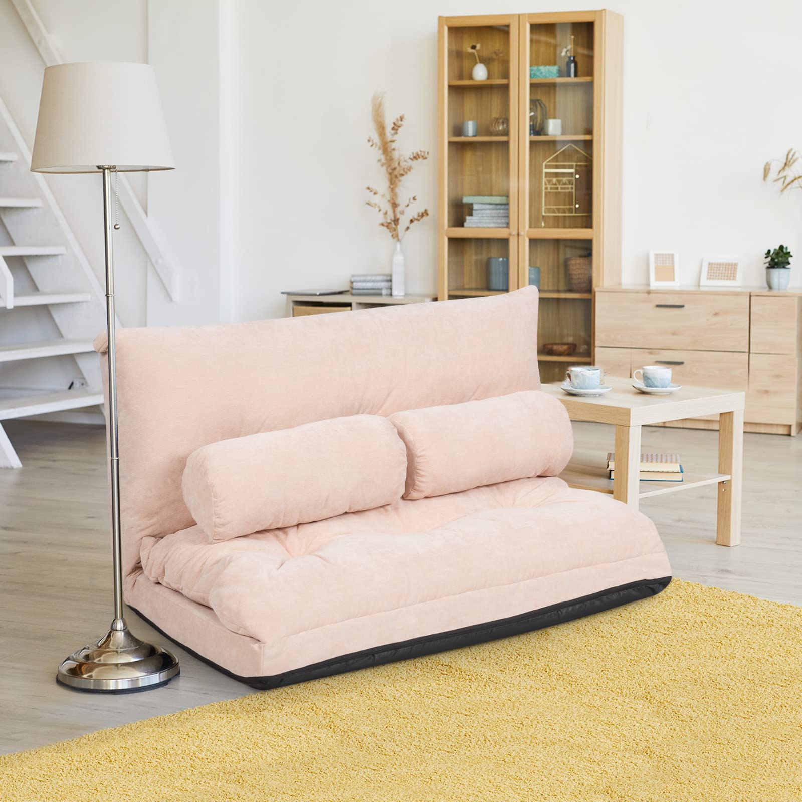 COSTWAY Convertible Floor Sofa Couch with 2 Waist Pillows, Folding 6-Position Adjustable Loveseat with Corduroy Fabric, Metal Frame, Upholstered Floor Couch Lounge for Reading Playing Gaming (Brown)