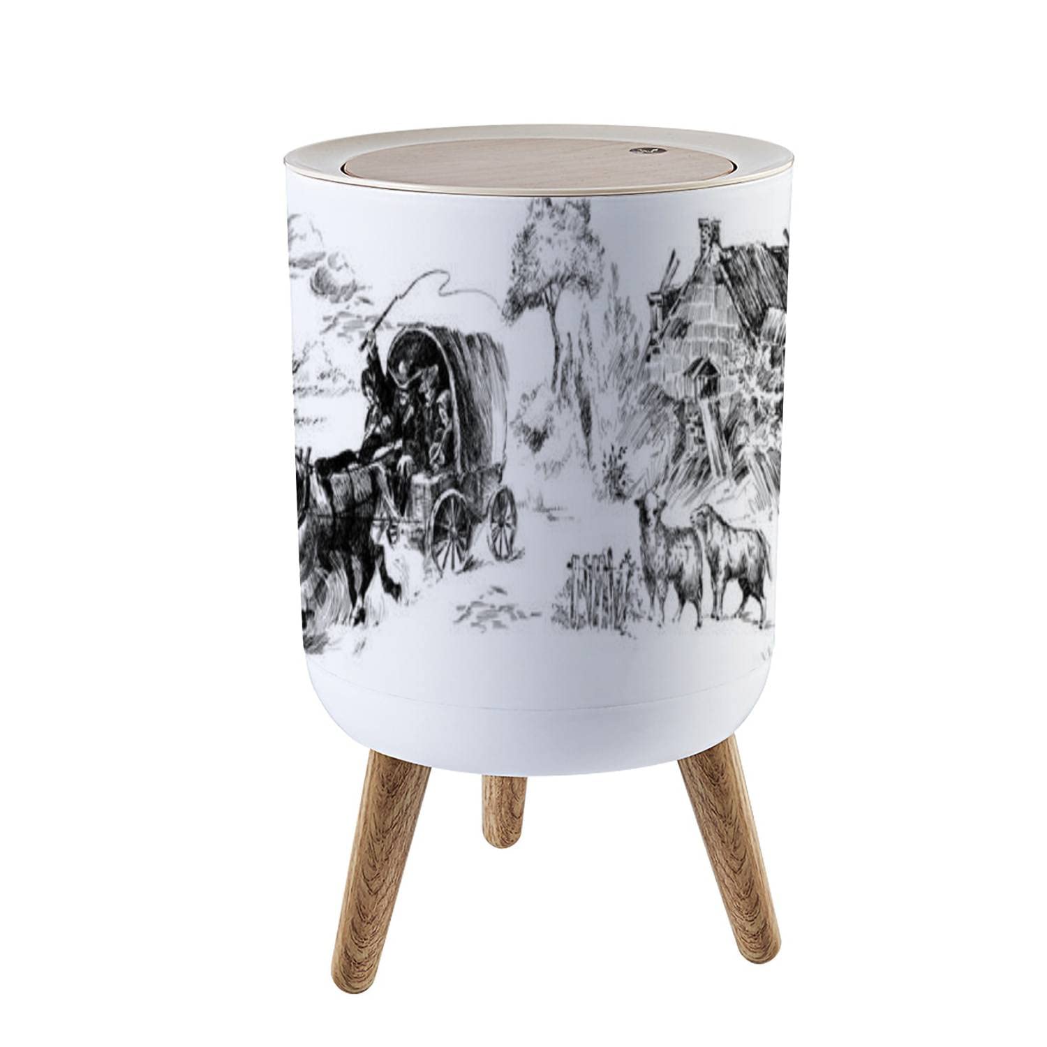 IBPNKFAZ89 Small Trash Can with Lid Vintage Western Ranch Seamless American Wild west Garbage Bin Wood Waste Bin Press Cover Round Wastebasket for Bathroom Bedroom Kitchen 7L/1.8 Gallon