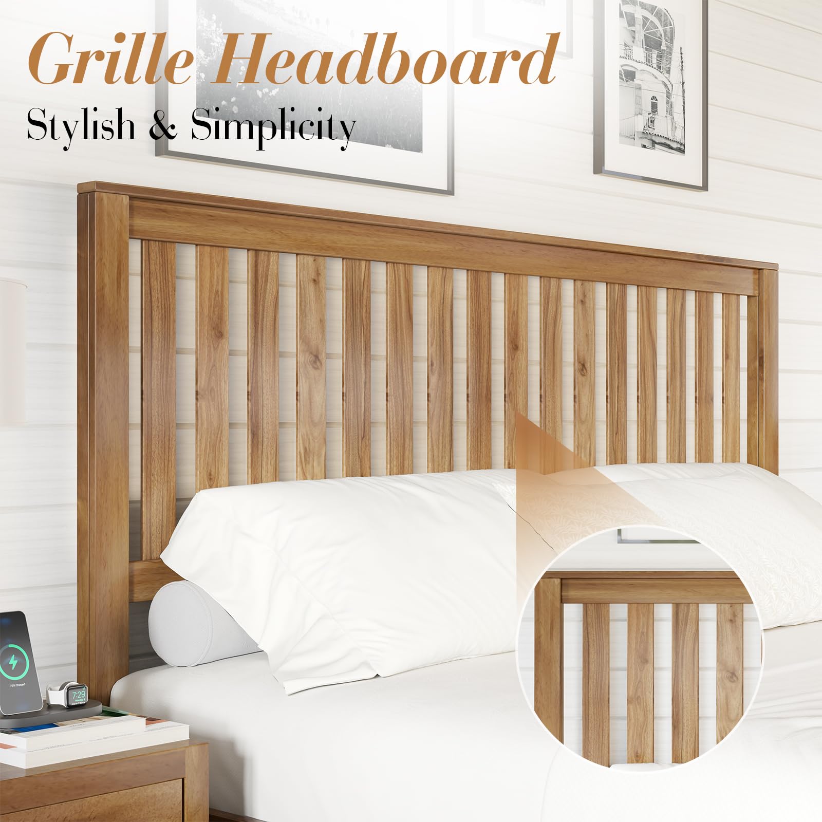 AMERLIFE King Size Solid Wood Bed Frame, Mid-Century Wooden Platform Bed with Grille Headboard, Wood Slat System/No Box Spring Needed/Noise Free, Natural