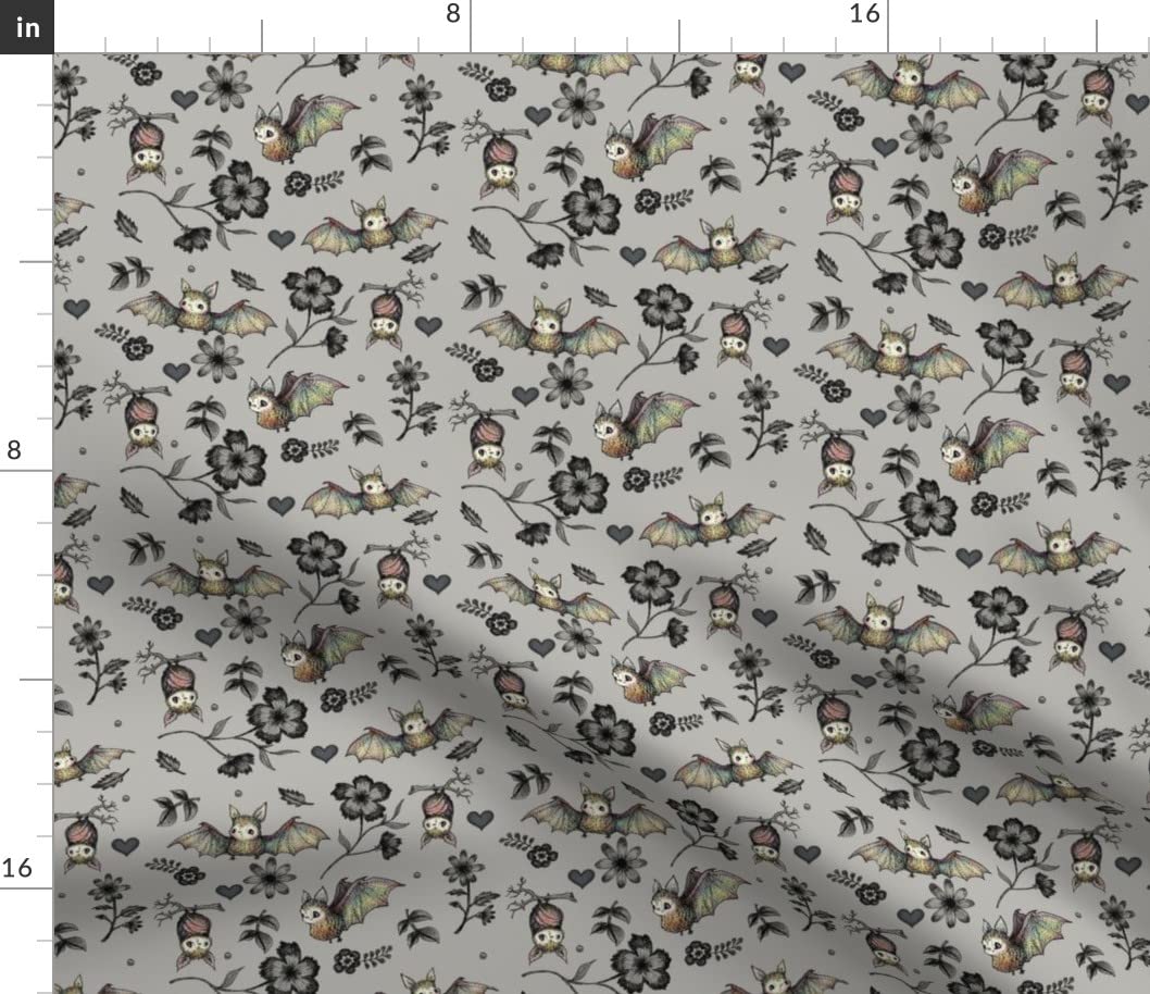 Spoonflower Fabric - Bat Pattern Grey Flowers Wild Hearts Animals Bats Decor Printed on Petal Signature Cotton Fabric Fat Quarter - Sewing Quilting Apparel Crafts Decor