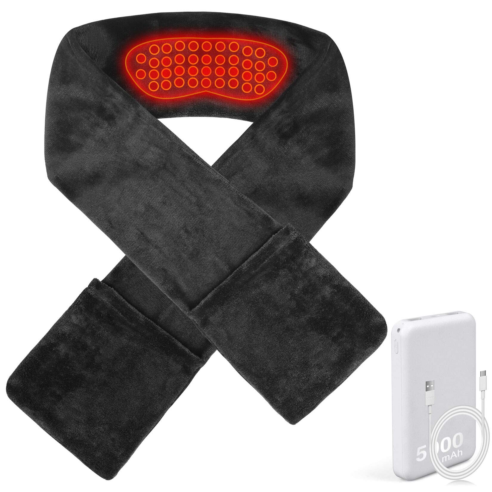 AK-SHIP Heated Scarf, USB Heated Shawl Electric Neck Warmer with Double Pockets Thermal Scarf Warming Mask and 5000mAh Power Bank [Black]