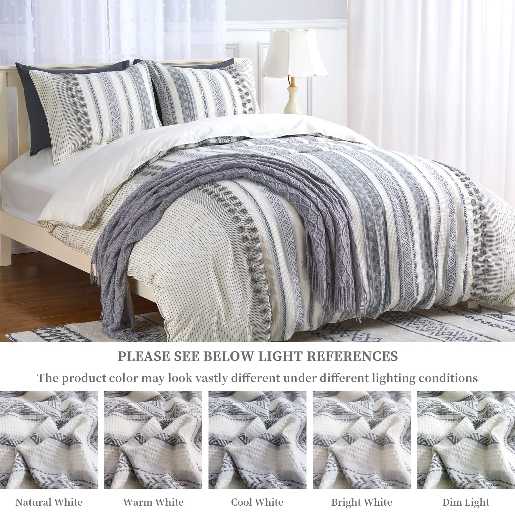 Cotton Jacquard Duvet Cover Set King Size, 3 Pieces Boho Yarn-Dyed Geometric Textured Farmhouse Duvet Cover Set with Waffle and Tufted Dots, 104x92 Inch