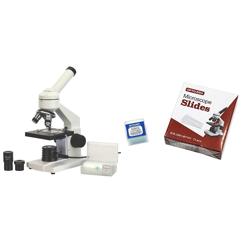 AmScope - M102C-PB10 40X-1000X Biological Compound Microscope with Prepared and Blank Slides for Student and Kids & OPTO-EDU E35.3501 Blank Microscope Slides & 100-Pieces Square Cover Glass, Glass