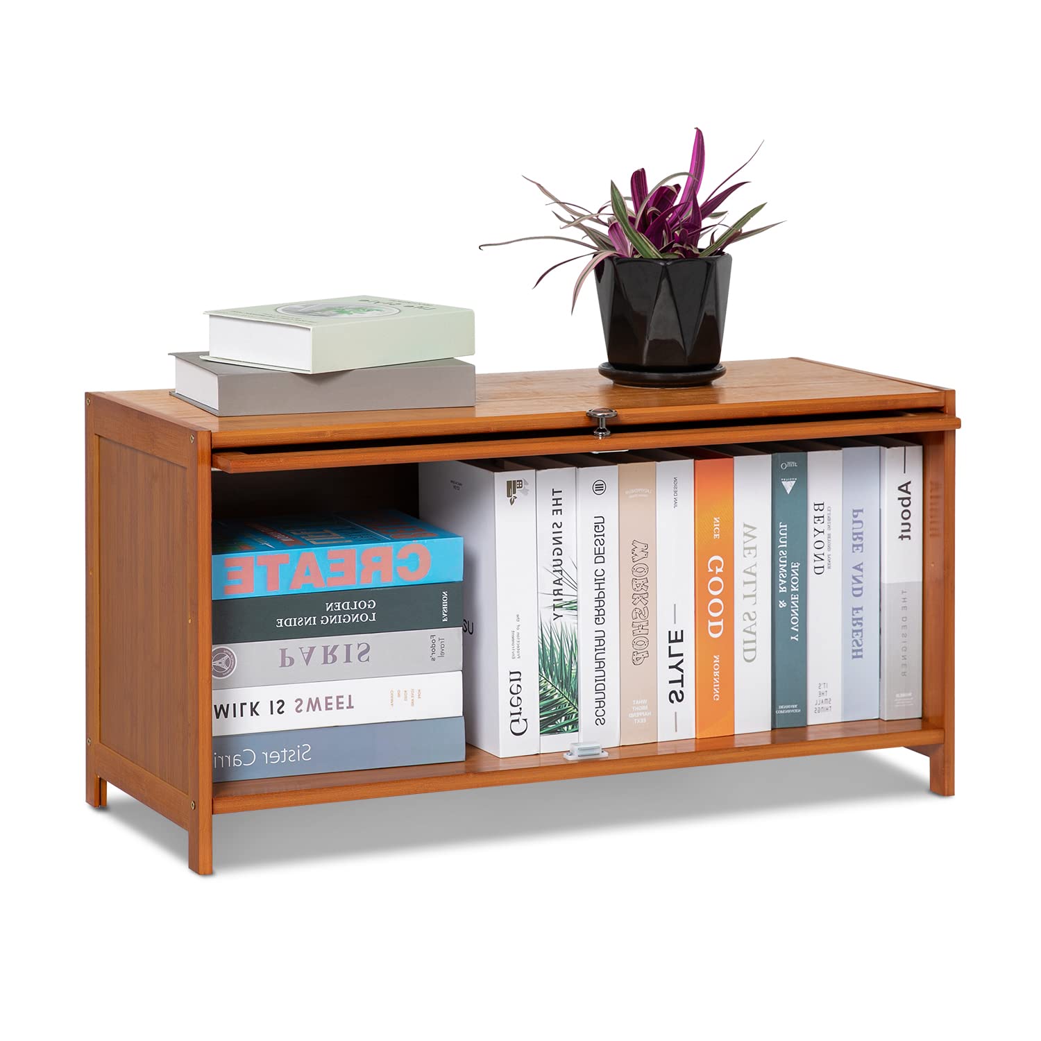 MoNiBloom Bamboo Bookcase with Flip Doors Free Standing Book Shelf Storage Organizer Save Space for Living Room Office Bathroom, Brown