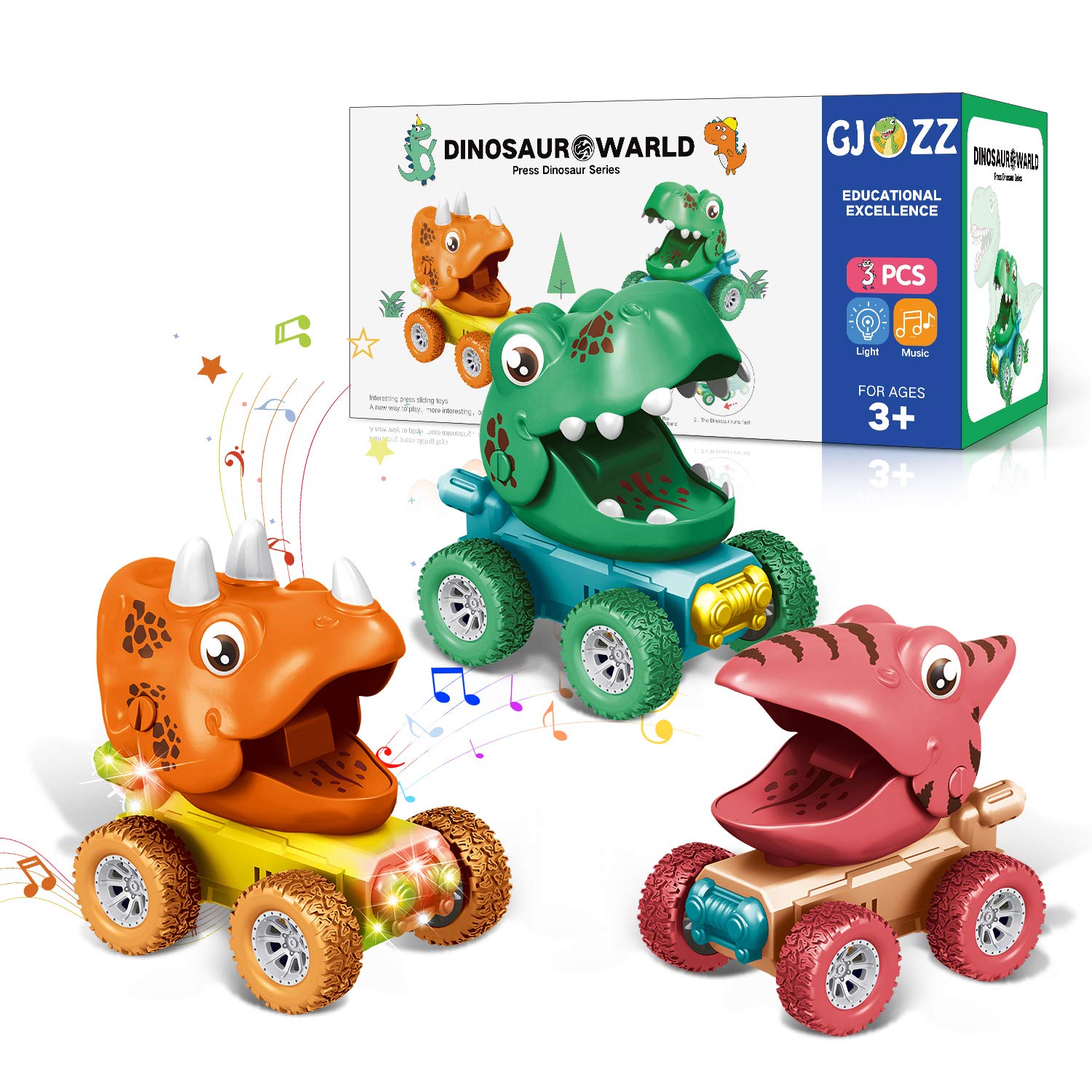 Dinosaur Toys for 2-5 Year Old Boys, Flashing Lights and Roar Music, 3pcs Pull Back Cars, Monster Trucks Christmas Birthday Gifts for Kids