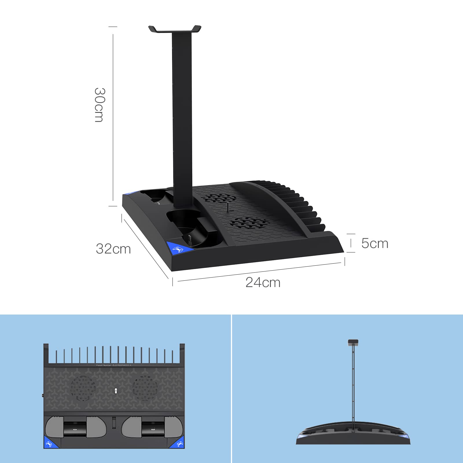 Goluodck PS5 Stand with Suction Cooling Fan and Dual Controller Charger Station for Playstation 5 PS5 Console, Suction Cooler Fan with Charging Dock Station and 12 Games Storage