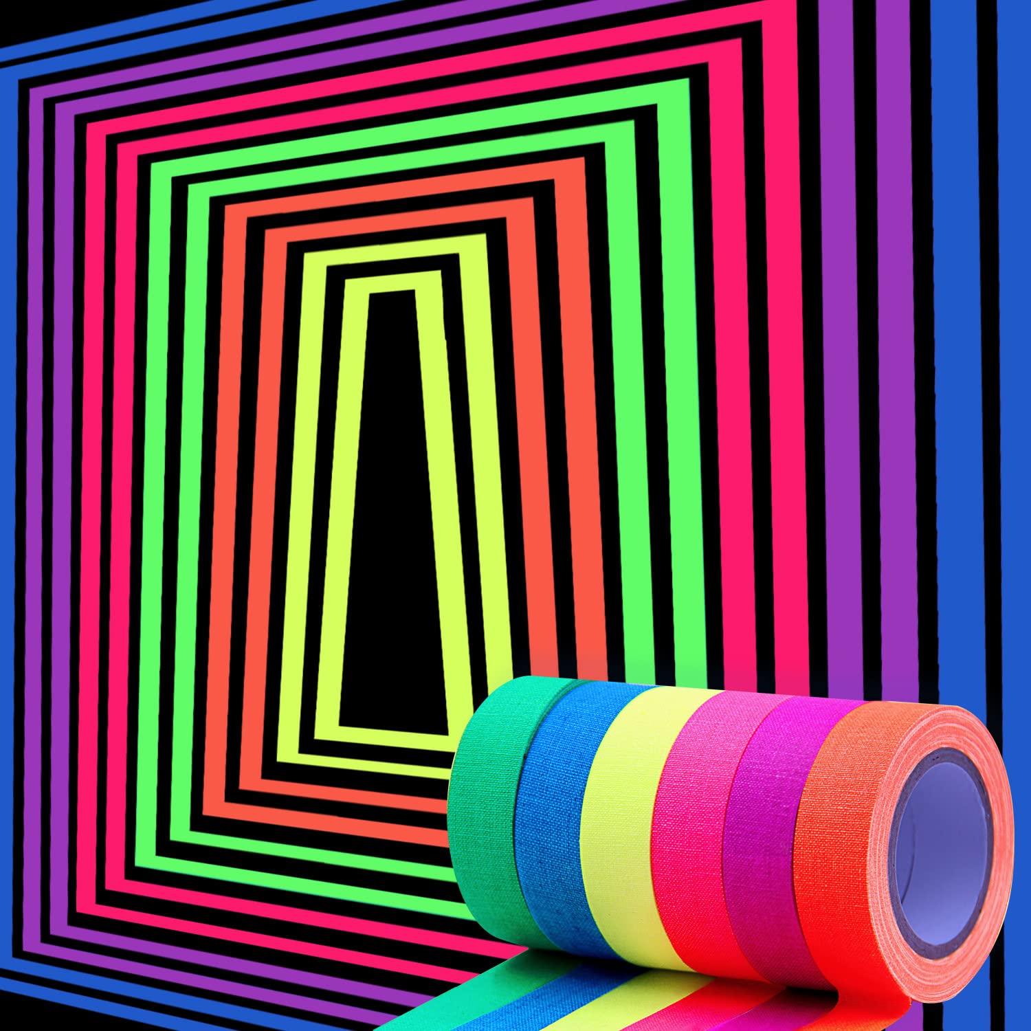 Tonsiv Adhesive Black Light Tape Sets, 6 Colors Neon Gaffer Cloth Tape, Fluorescent UV Blacklight Glow in The Dark Tape for UV Party (0.6 inch x 16.5 feet)