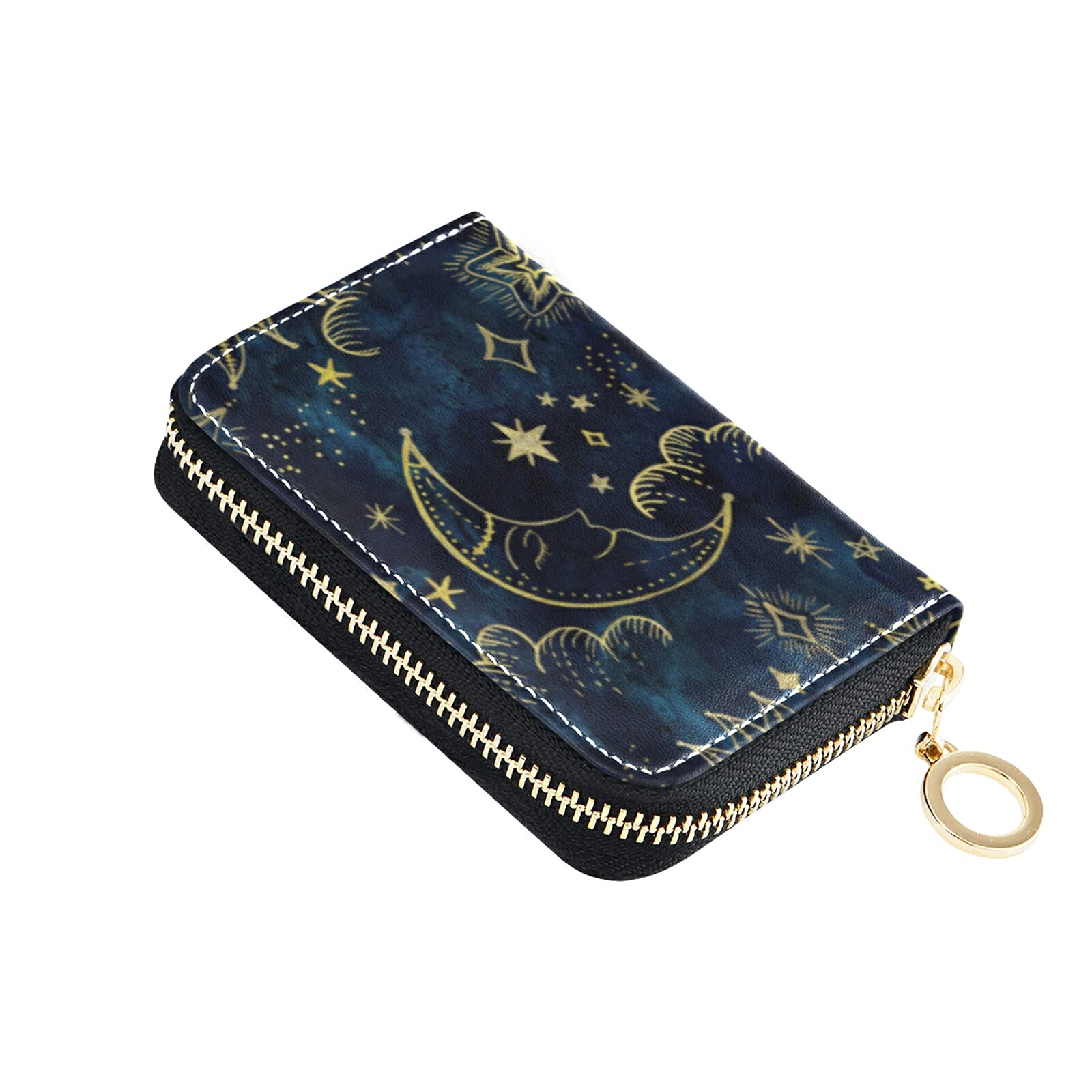 Gold Sun Moon Golden Soleil Cosmos Astrology on Dark Blue Pattern Credit Card Coin wallet, Key Change Organizer Zipper Purse Compact Clutch Pouch Pocket, RFID Blocking Women Leather Card Holder