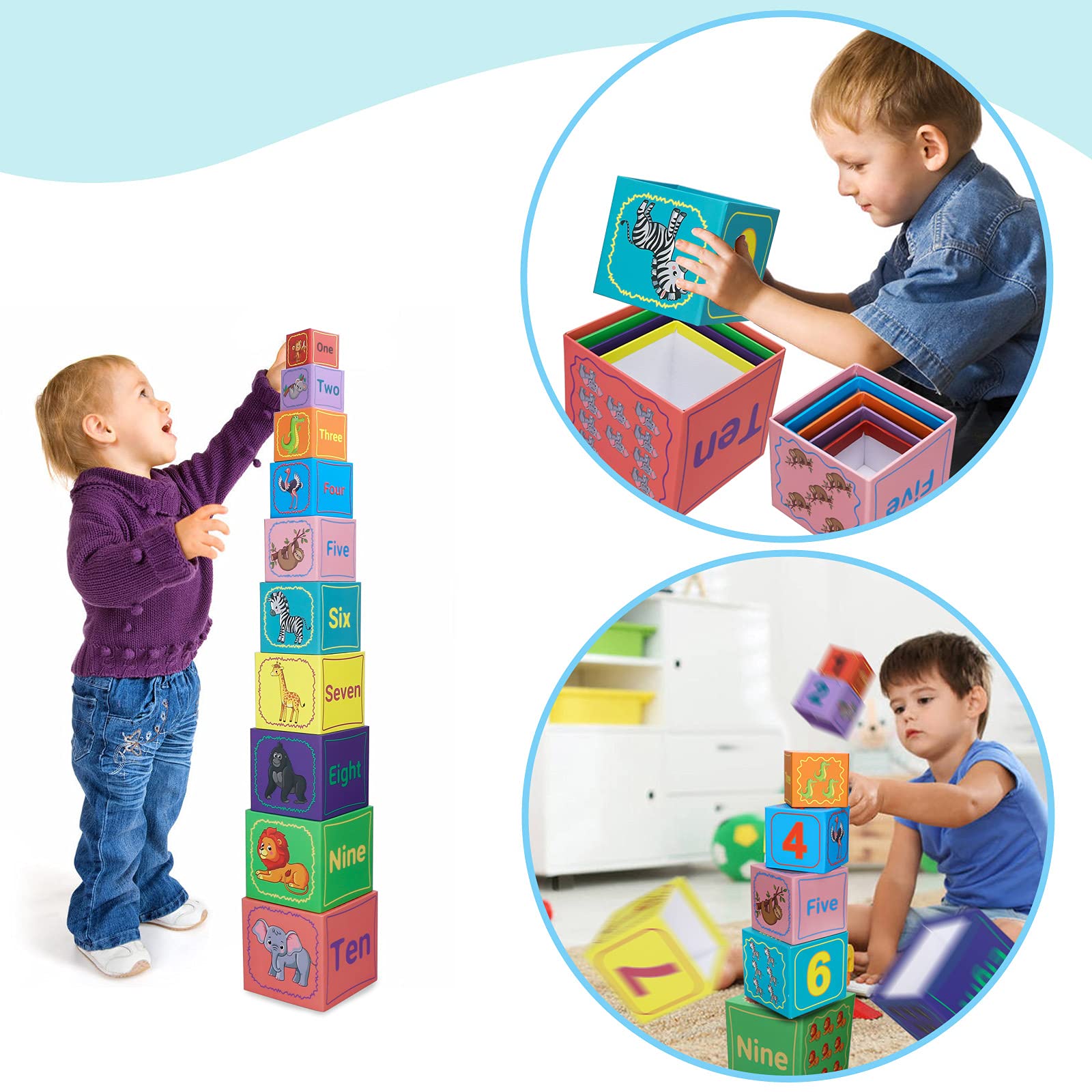 COGO MAN Nesting and Stacking Blocks Stacking Toys for Toddlers Plus Animal Puzzle Toys Set Number Blocks Counting Learning & Educational Toys Education Supplies Montessori Toys