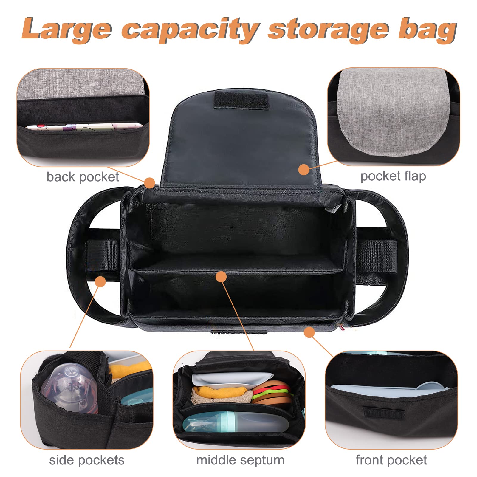 Baby Stroller Organizer,Universal Stroller Storage Bag,Stroller Accessories Bag with 2 Cup Holders,Adjustable Shoulder Strap,Portable Baby Bag,Stylish Universal Design Fits Any Strollers (Black)