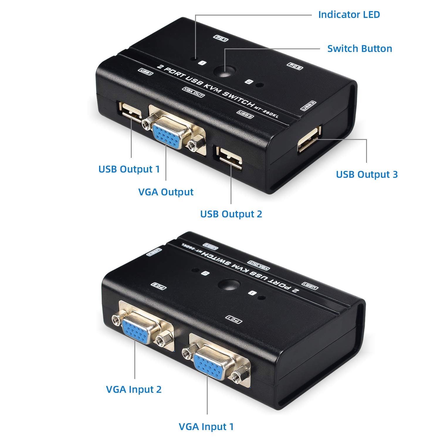 VGA USB KVM Switch, 2 Port VGA KVM Switcher Selector with Cables for 2PC Sharing 1 Video Monitor and 3 USB Devices Keyboard Mouse Printer Scanner