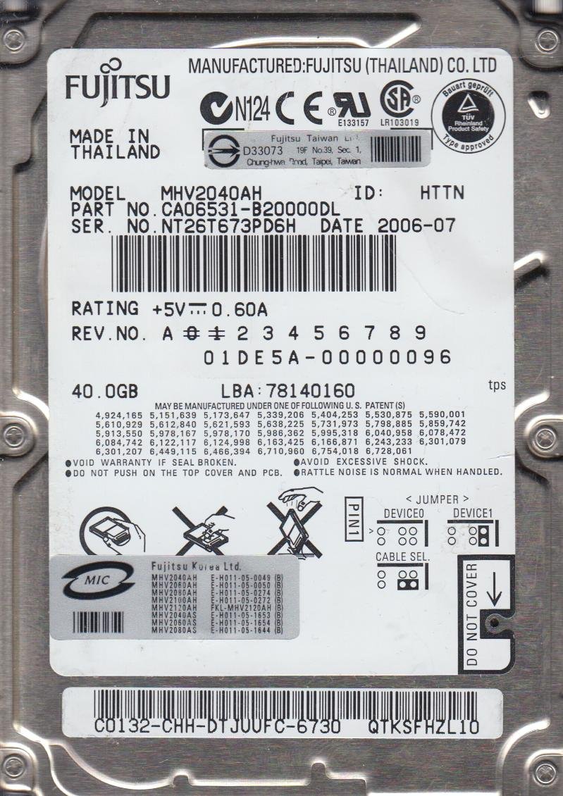 MHV2040AH, PN CA06531-B20000DL, Fujitsu 40GB IDE 2.5 Hard Drive