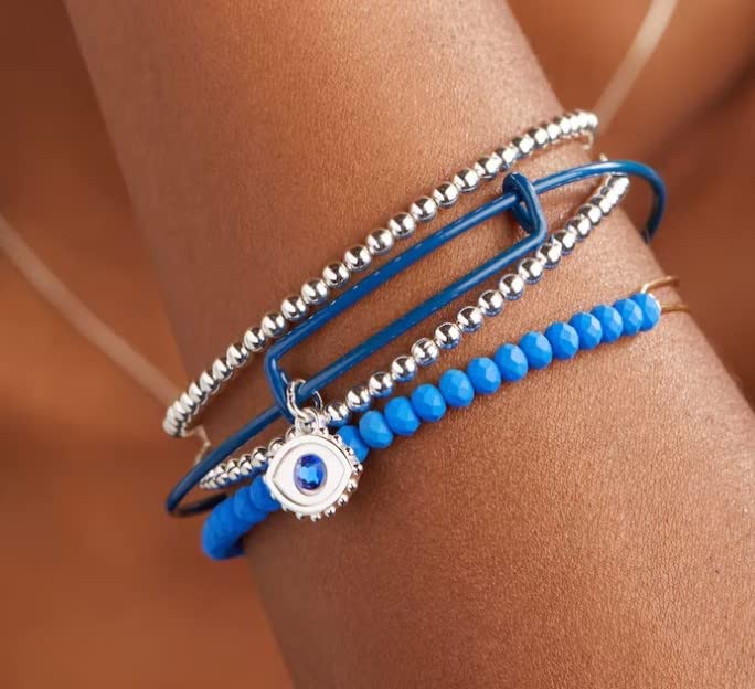 Alex and Ani Accents Beaded Expandable Bangle for Women, Matte Brilliance, Royal Blue Beads, Rafaelian Silver Finish, 2 to 3.5 in
