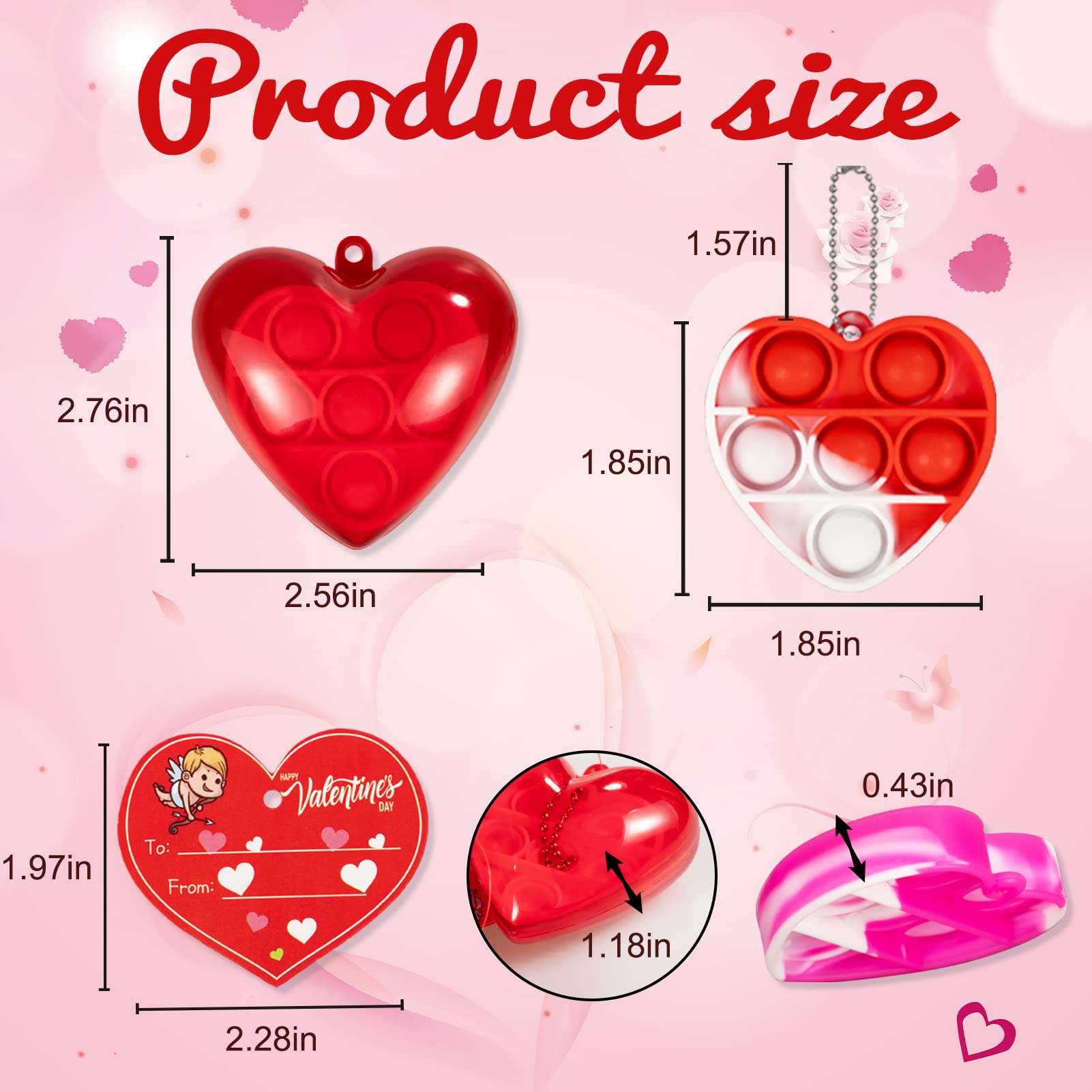 Kids Valentines Gifts Mini Pop Set - 12 Pack Valentine's Day Heart Boxes with Fidget Keychains and Gift Cards for Kids School Class Exchange Gifts Valentines Party Favors
