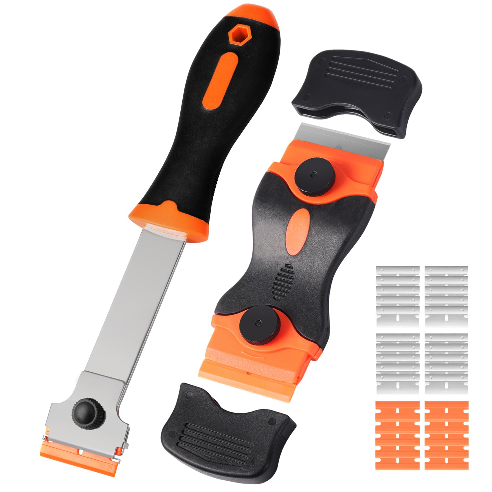 Kailund Razor Blade Scraper Tool 2 Pack, Double Edged Cleaning Razor Scraper Tool with 31 Pcs Metal & Plastic Razor Blades, Long Handle Glass Scraper for Paint|Decals|Stickers|Tint